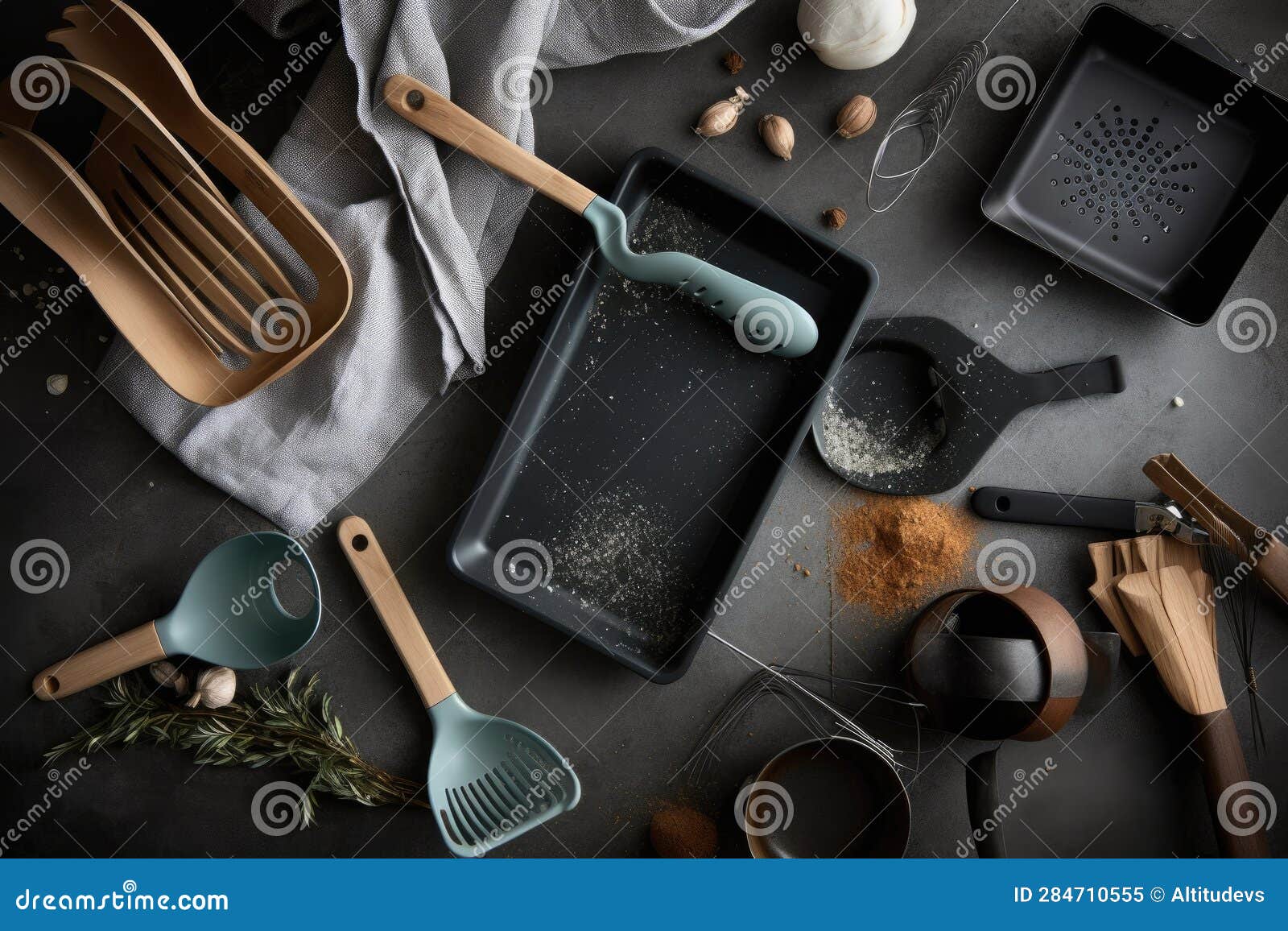 A Collection of Cooking Utensils, Including Spatulas and Strainers, in ...