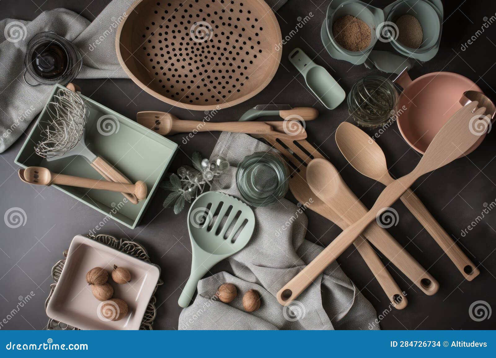 A Collection of Cooking Utensils, Including Spatulas and Strainers, in ...