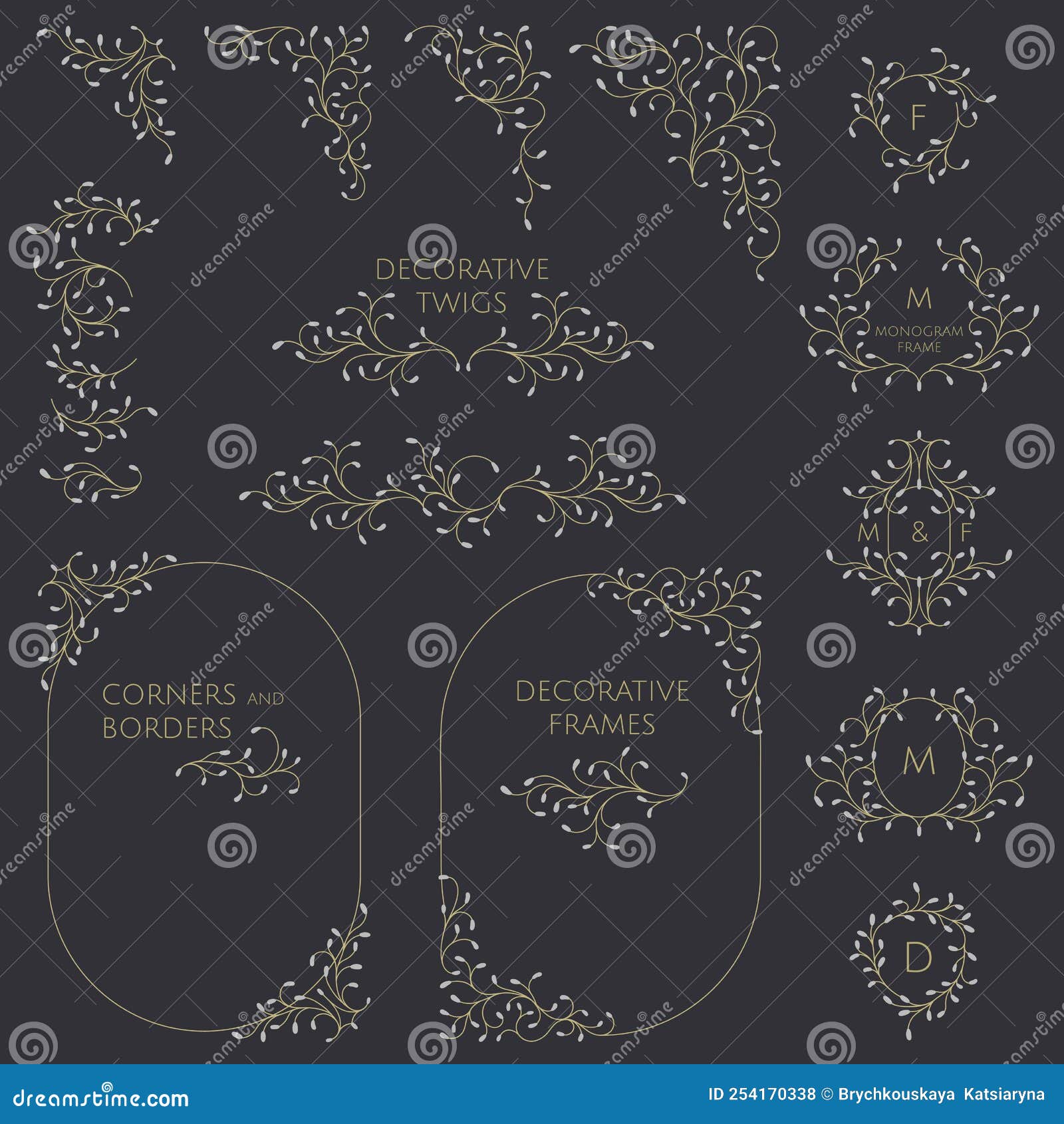Collection of Corners, Borders, Frames, Monograms of Decorative Twigs ...