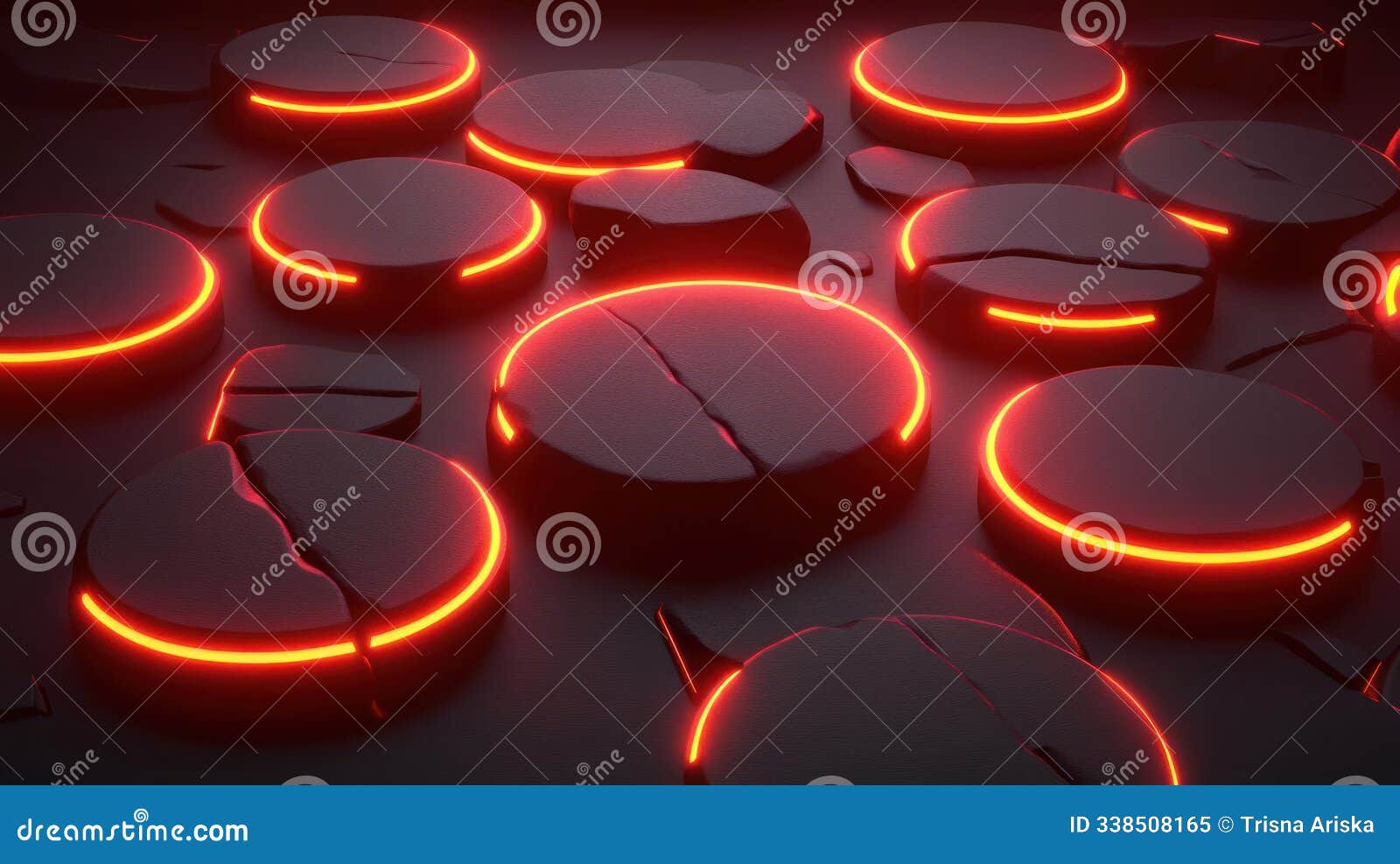 A Collection of Cracked Circular Objects with Glowing Red Edges on a ...