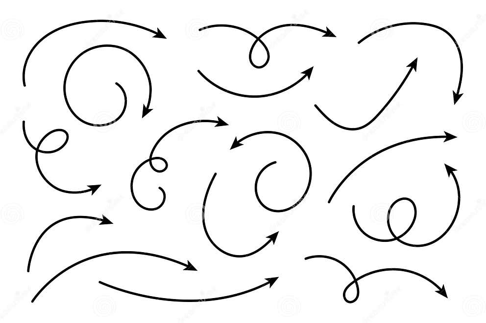 Collection of Curved Arrows. Set Simple Curved Hand Drawn Arrows Stock ...