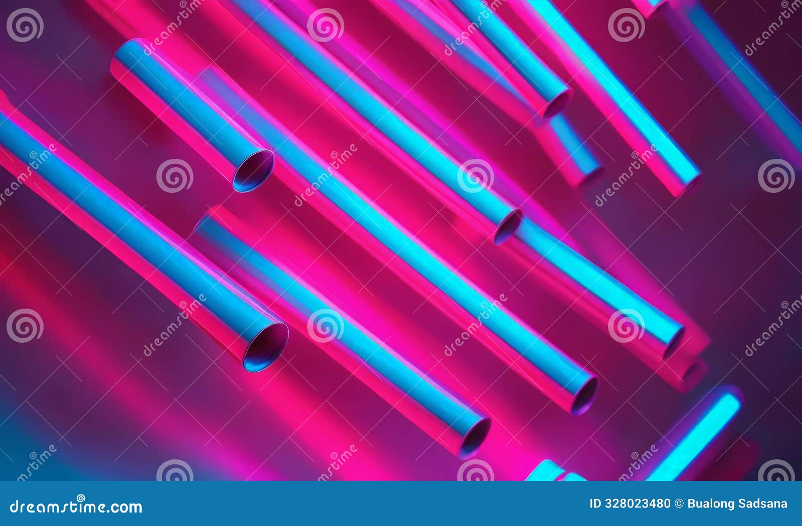 Collection Curved Metallic Rods, Illuminated by Gradient Blue and Pink ...