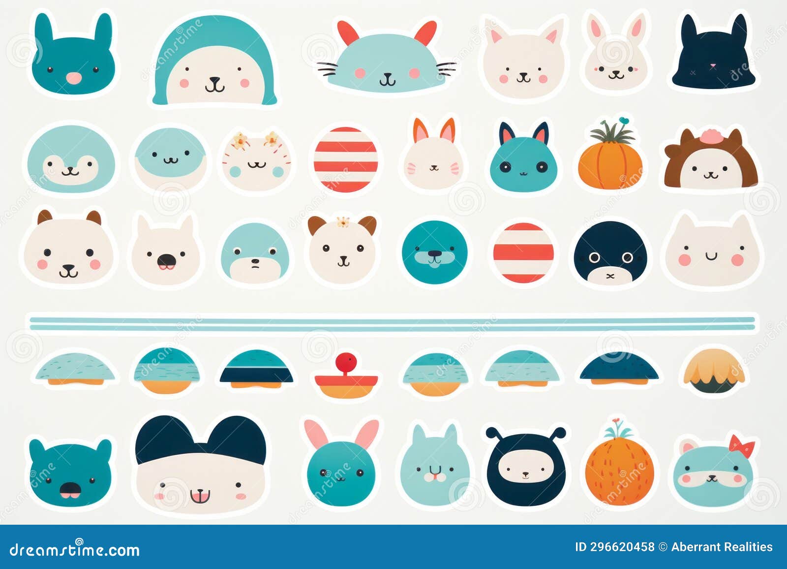 A Collection of Cute Bunny and Cat Stickers on a White Background Stock ...