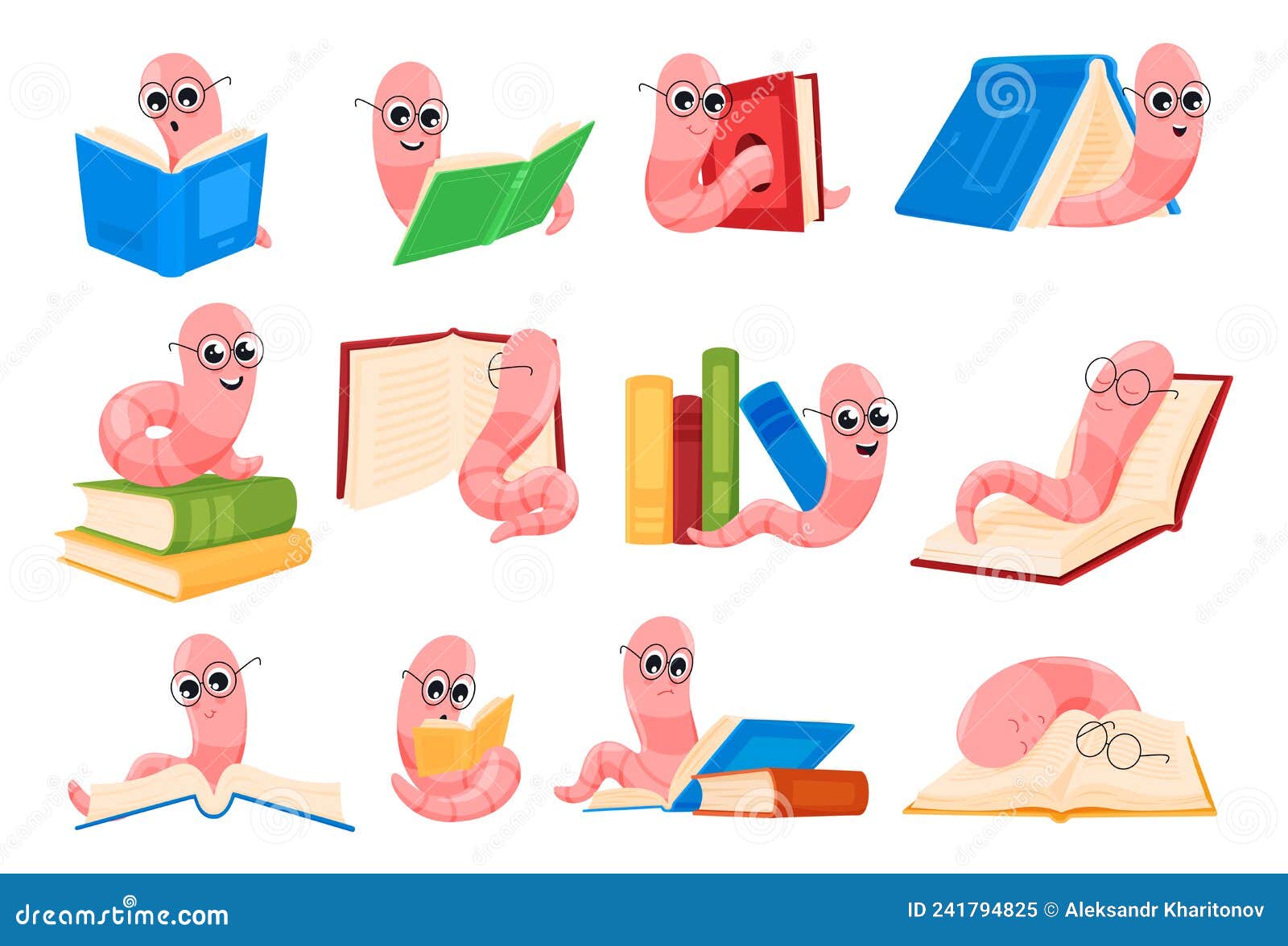 Cartoon Bookworms Reading Books Elongated Characters With Facial