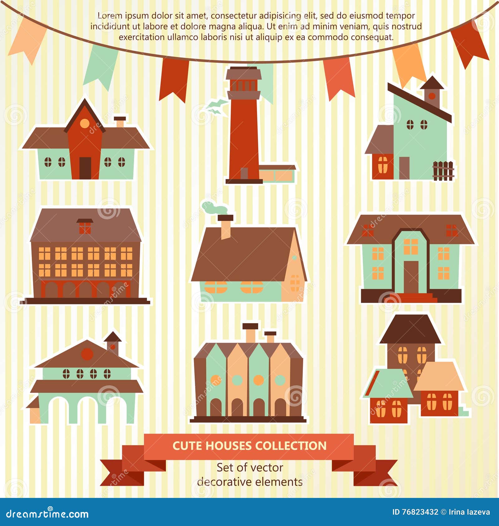 Collection of Cute Cartoon Houses and Flags Stock Vector - Illustration ...