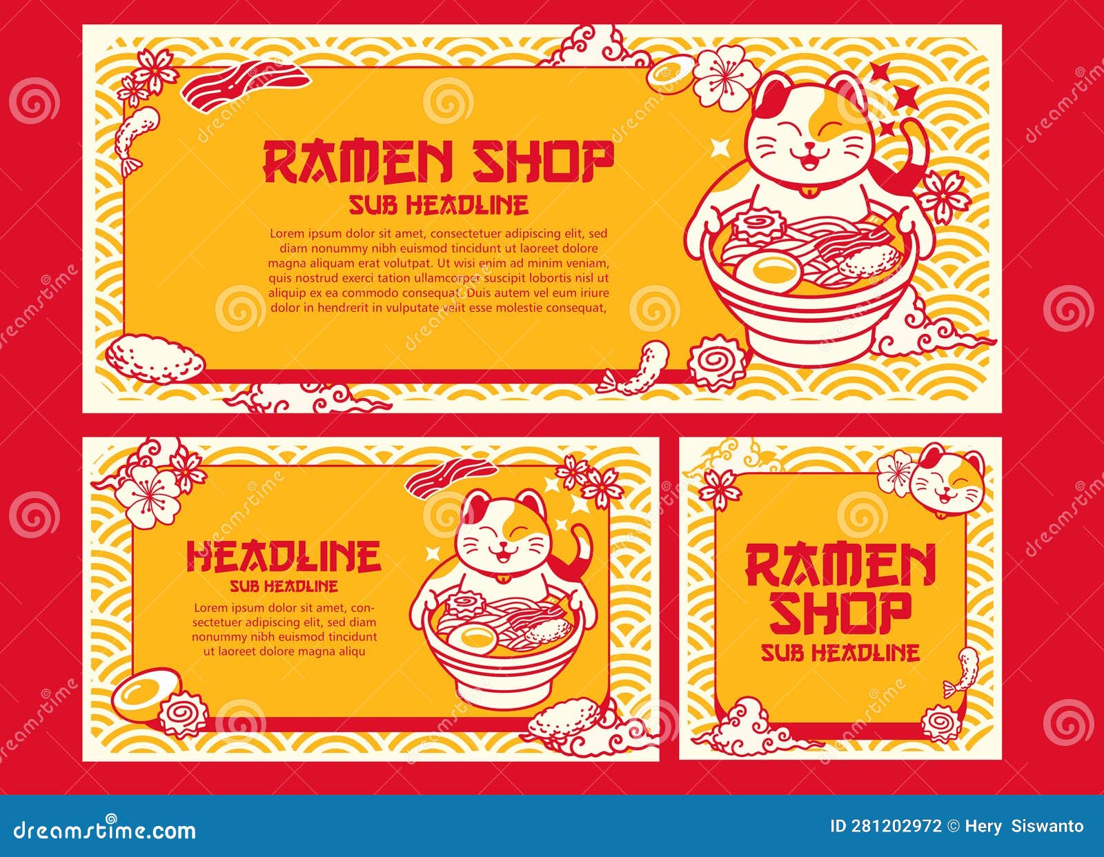 Collection of Cute Cat Eating Ramen Banner Vector Illustration Stock ...