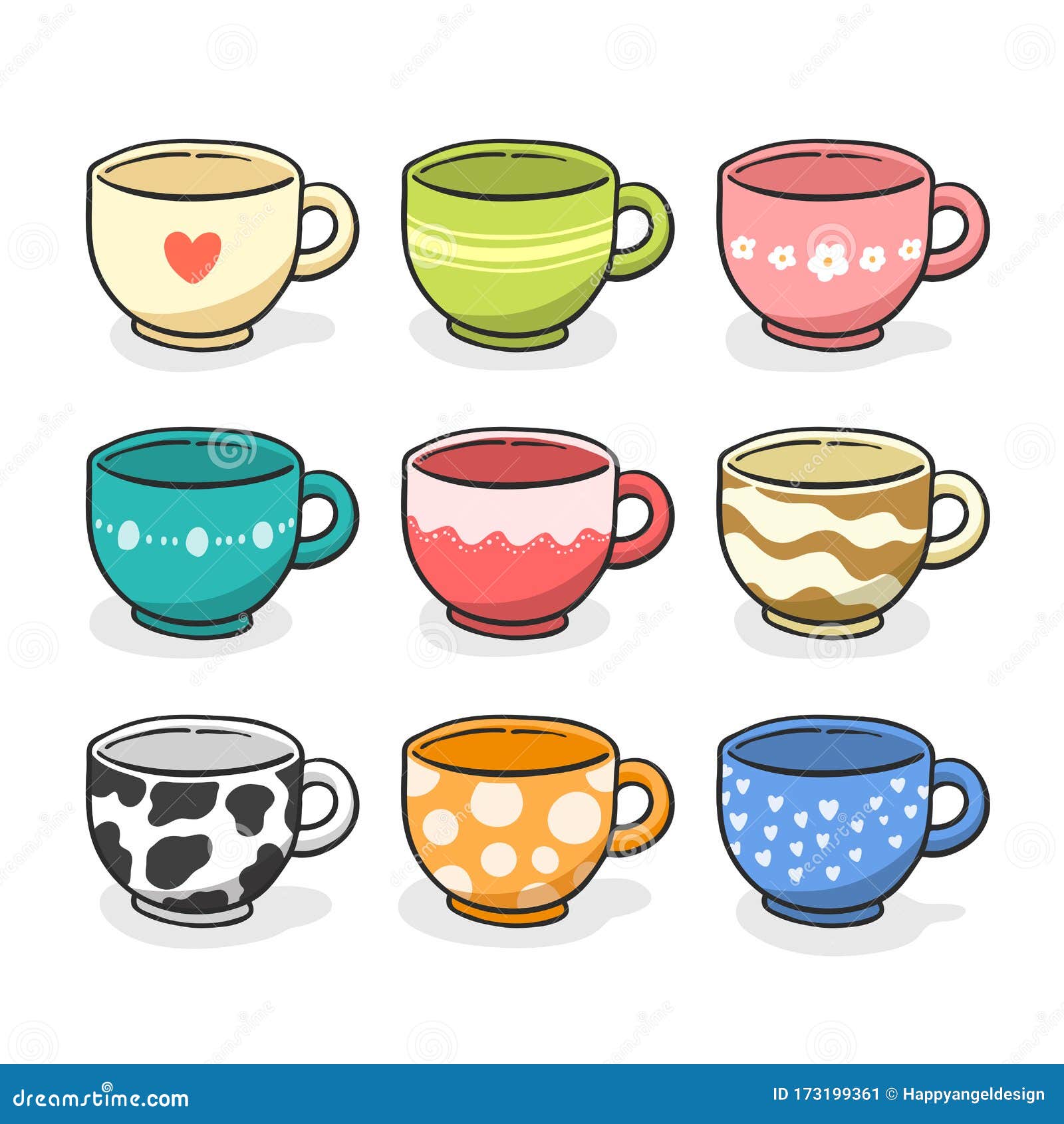 Collection of Cute Coffee Cup. Hand Drawn Vintage Mug Set Stock Vector ...