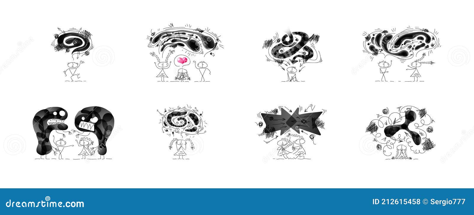 Collection of Cute Drawings about Negative Emotions. Bundle of Vector ...