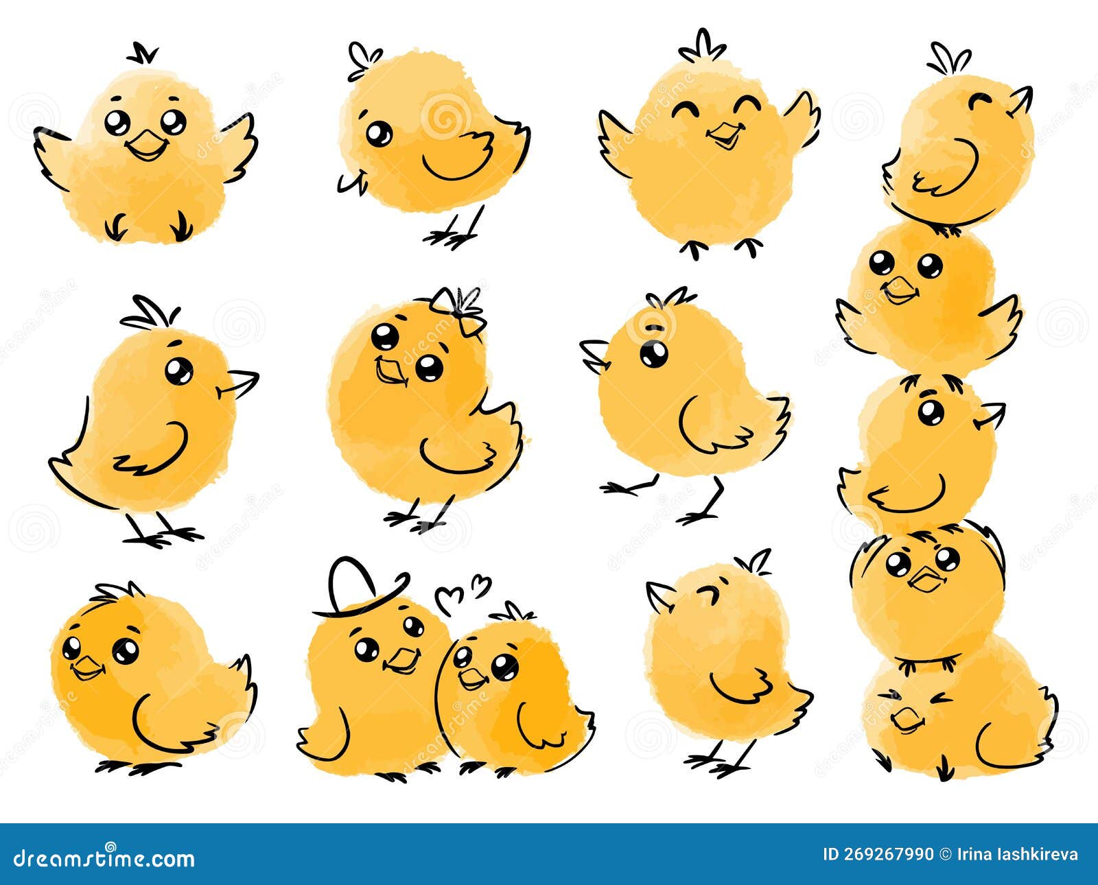 Collection of Cute Easter Chicks in Different Poses. Vector Hand Drawn Little Funny Chick Set ...