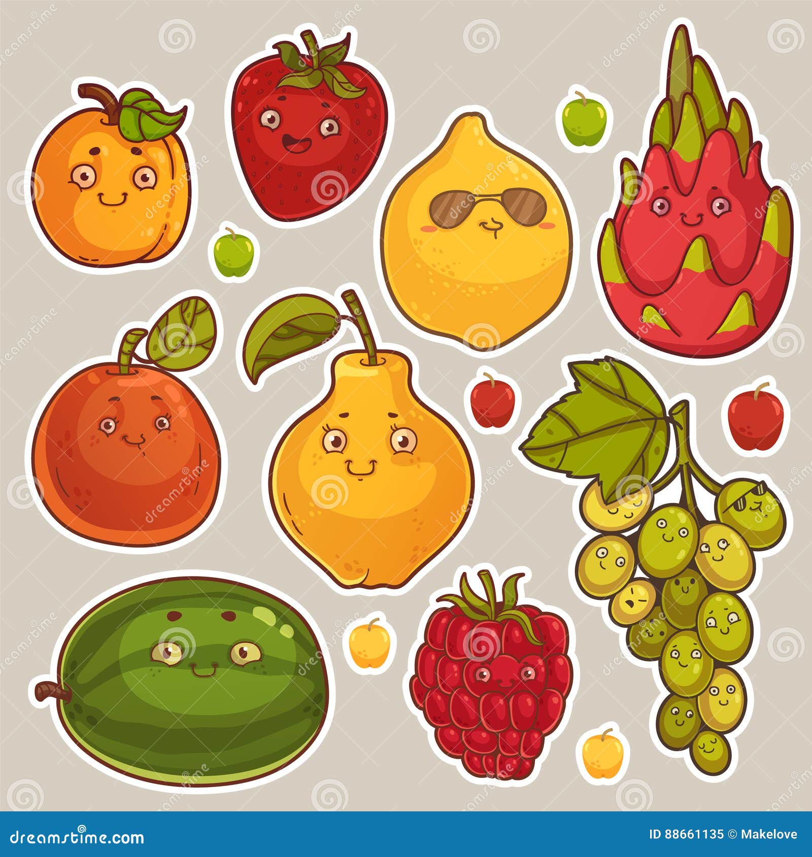 Collection of Cute Fruit Stickers Stock Vector - Illustration of design ...