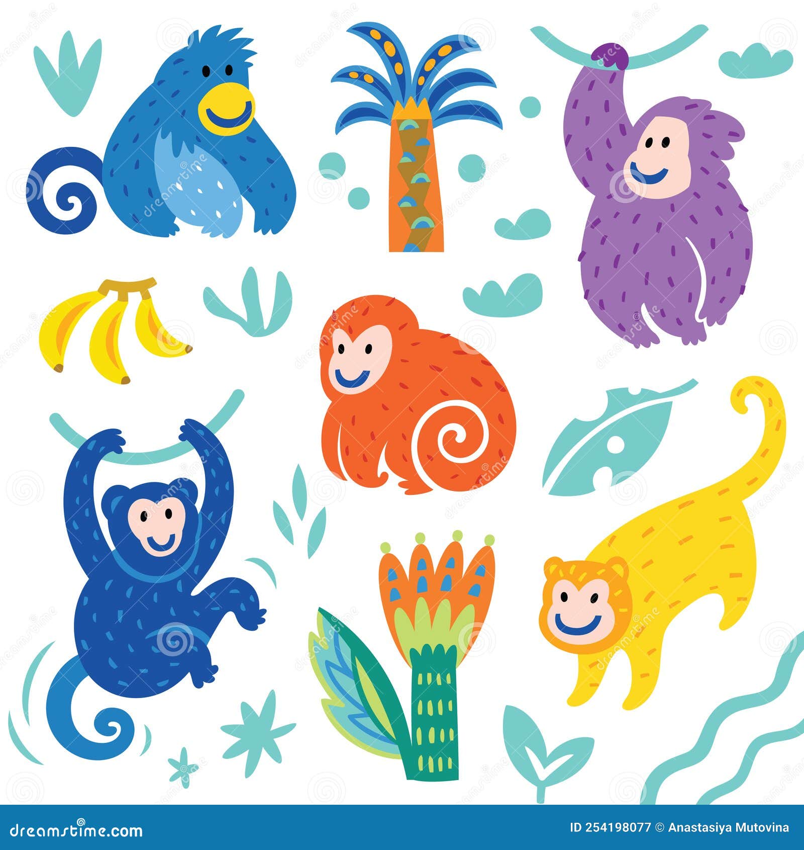 Collection Of Monkeys Of Different Breeds Vector Illustration On A ...