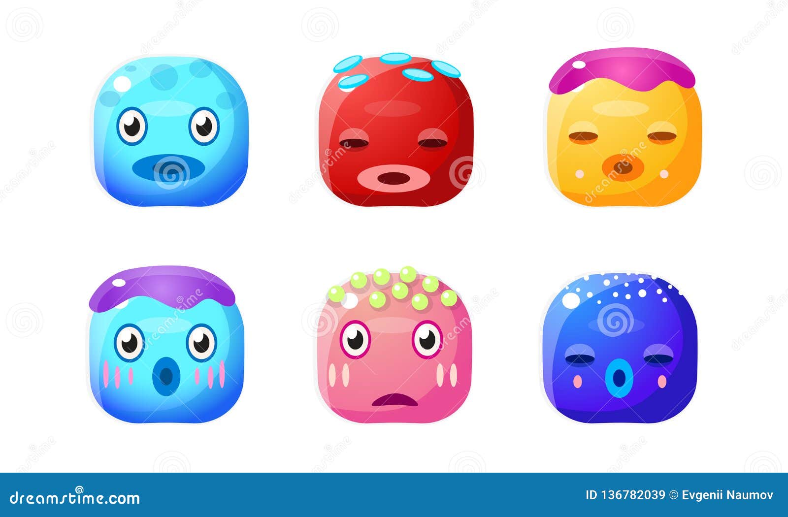 Collection of Cute Glossy Buttons, Colorful Cubes with Funny Faces ...