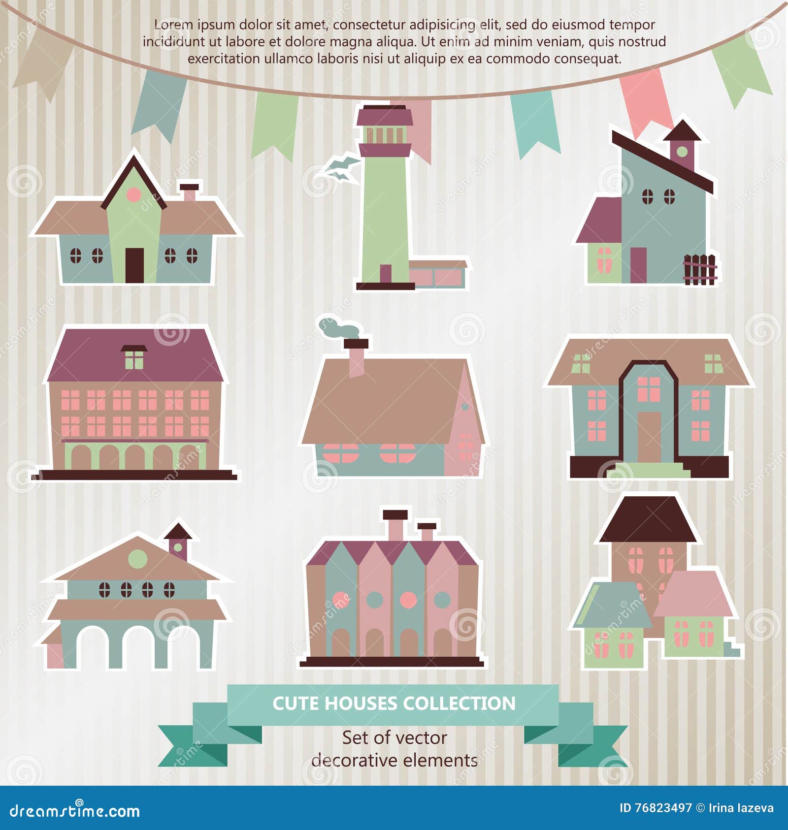 Collection of Cute Houses and Flags Stock Vector - Illustration of ...