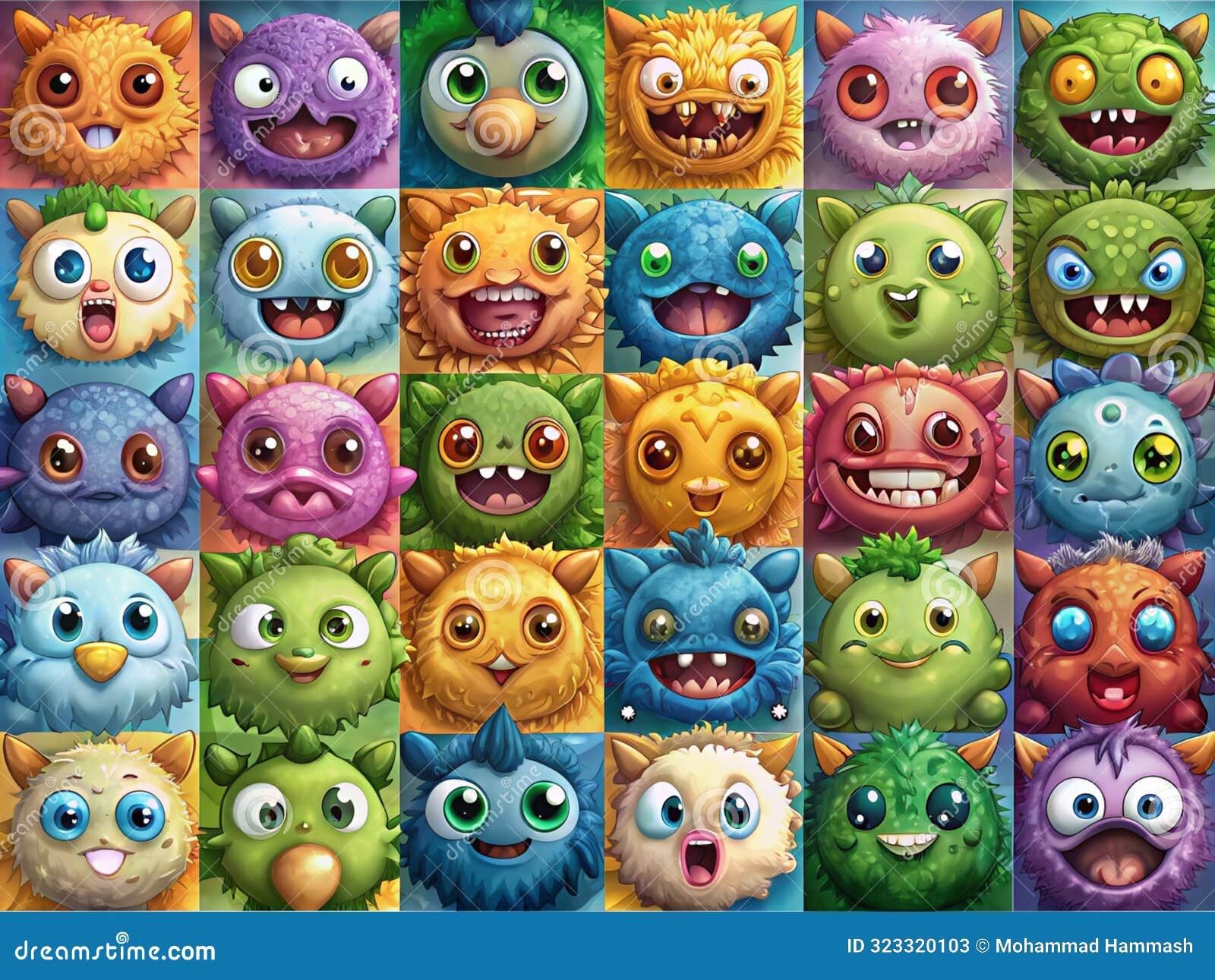 Collection of 25 Cute Monster Faces with Different Expressions Stock ...