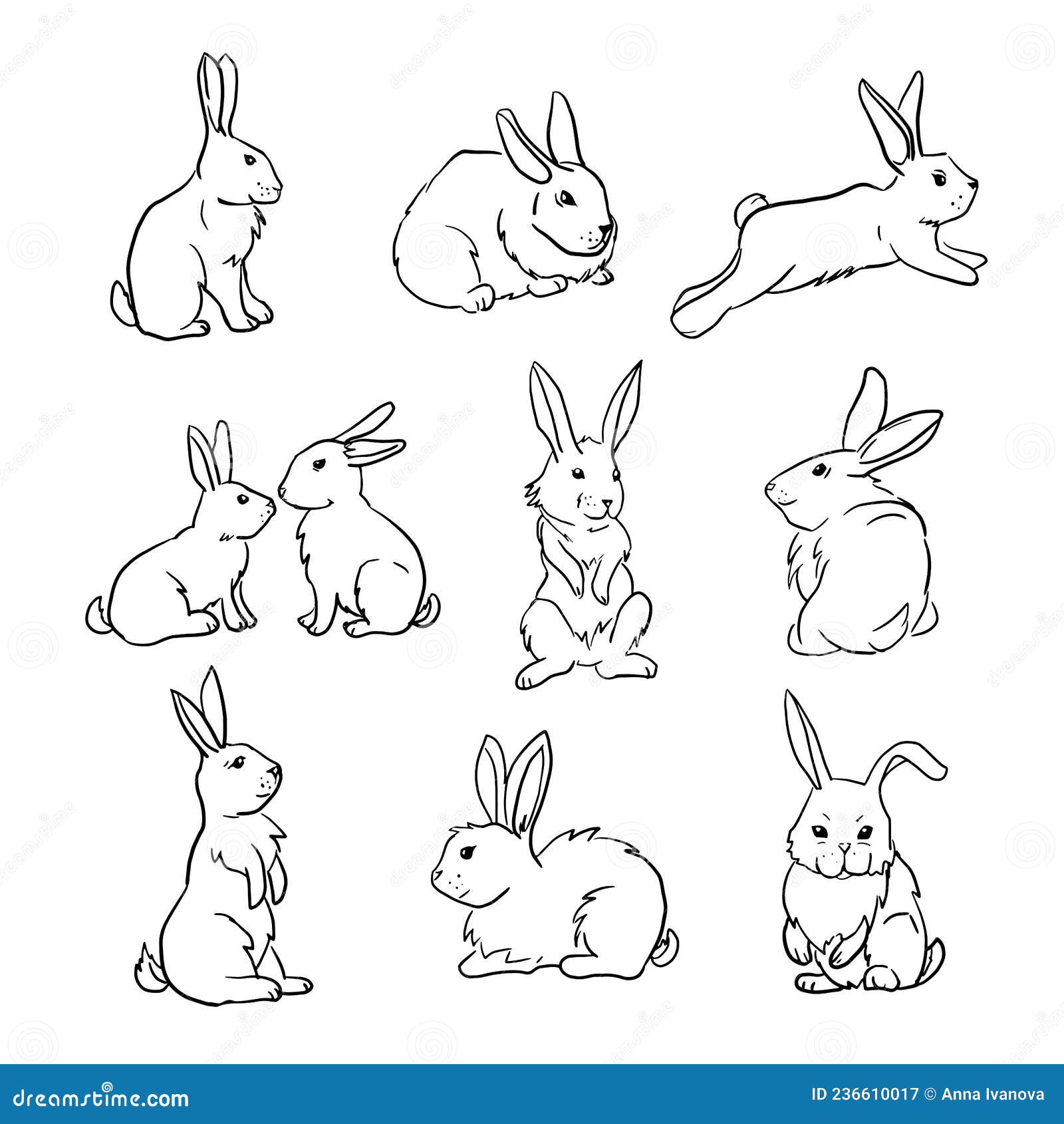 Collection of Cute Rabbit in Different Poses. Set of Hand Drawn Vector ...