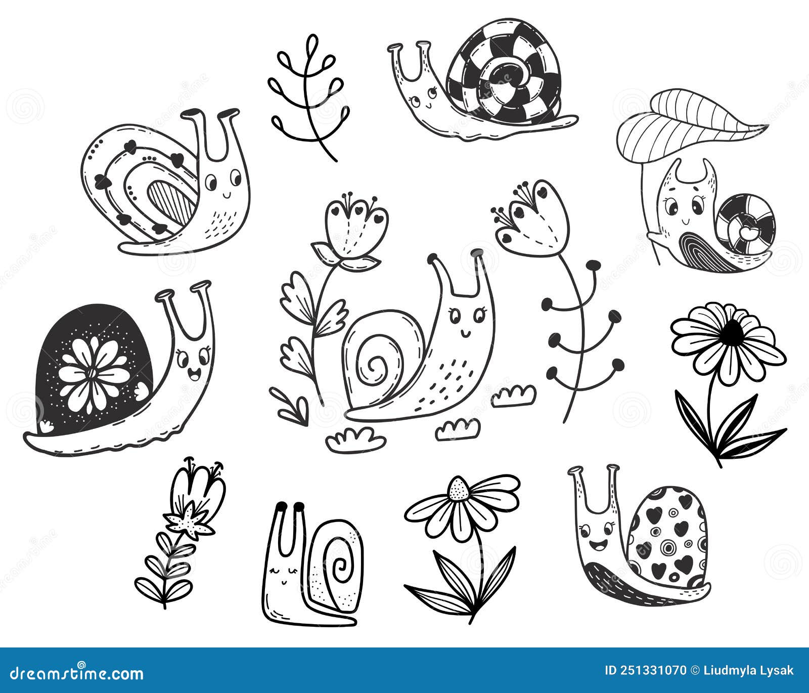 Collection of Cute Snails and Decorative Flowers. Linear Hand Drawn ...