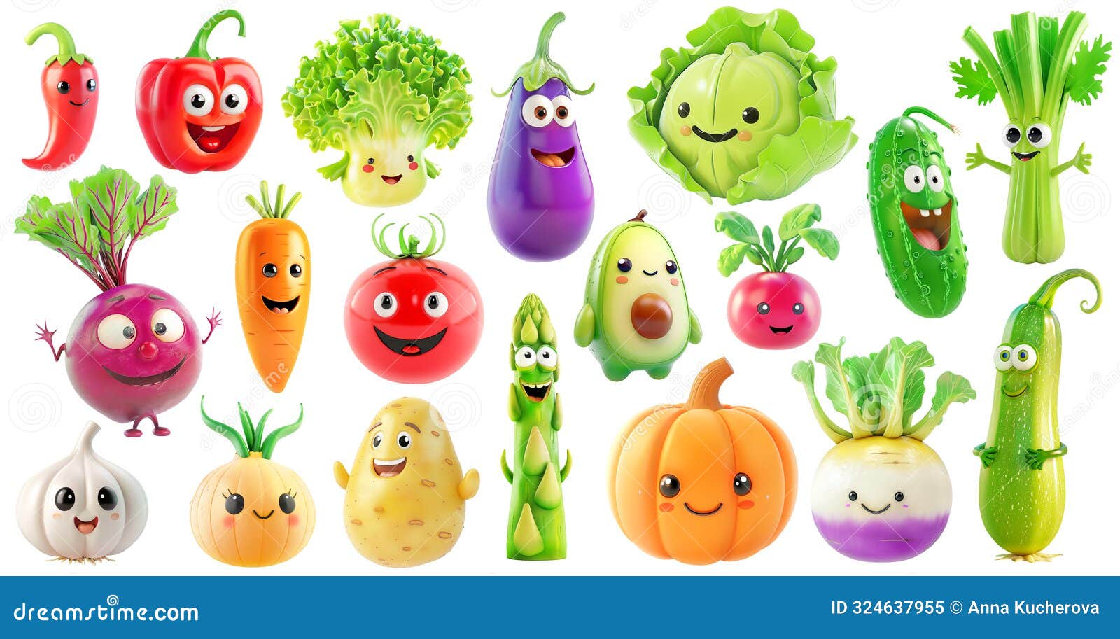 Collection Of Cute Vegetable Cartoon Characters, Isolated On White ...