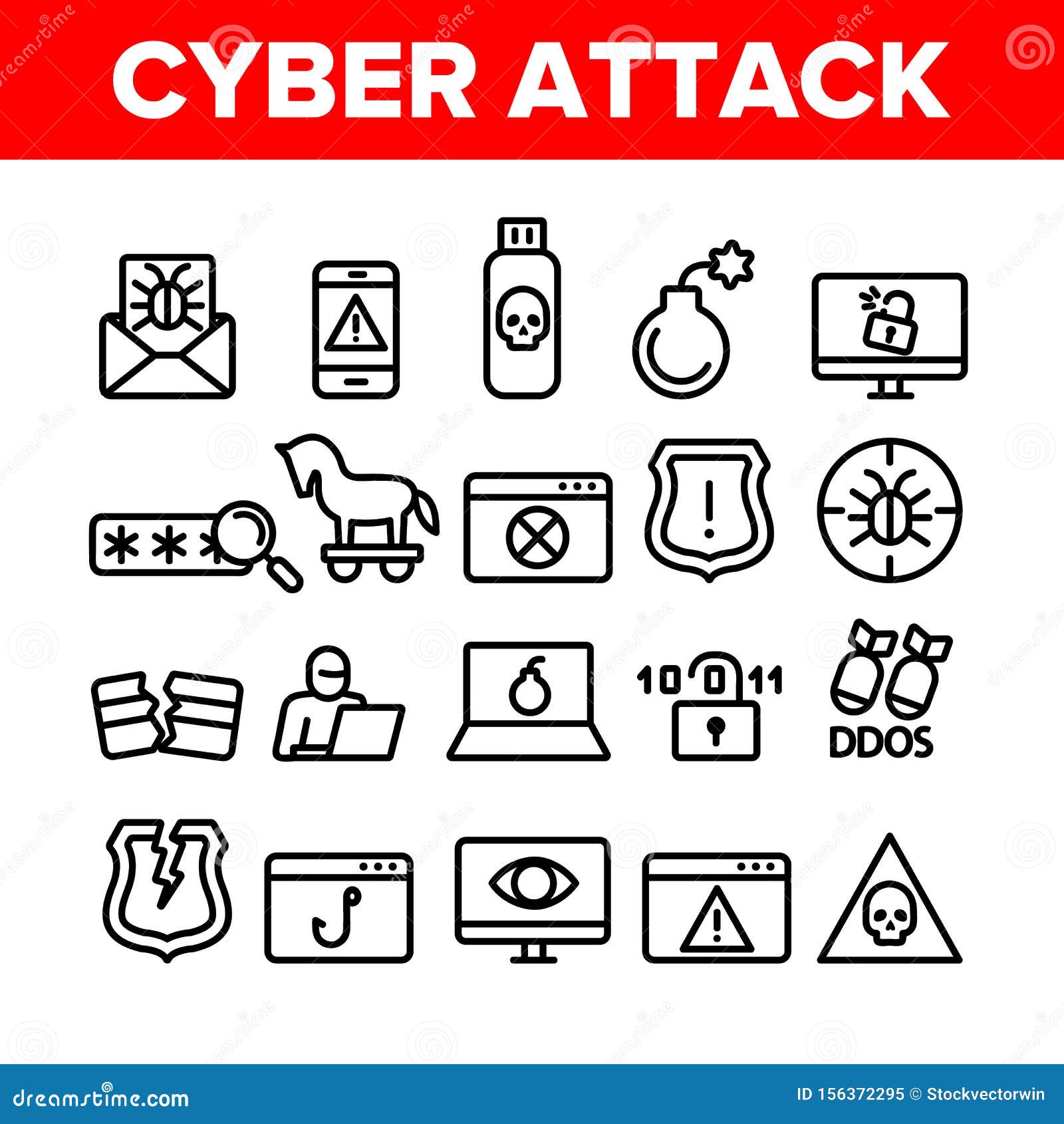 Collection Cyber Attack Elements Icons Set Vector Stock Vector ...