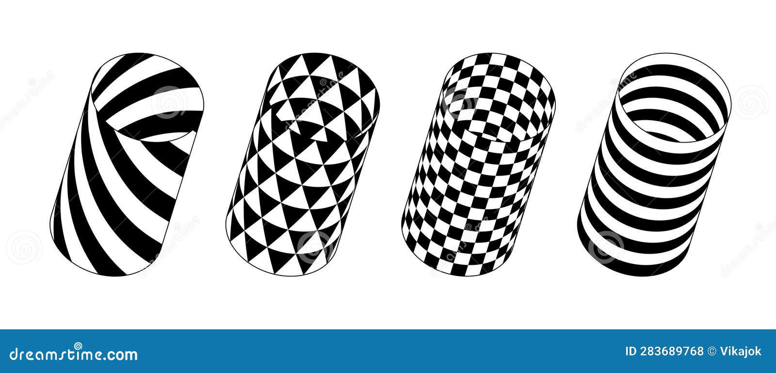 Collection of Cylinder with Different Patterns. Striped and Checkered 3d Tubes Set Stock Vector ...
