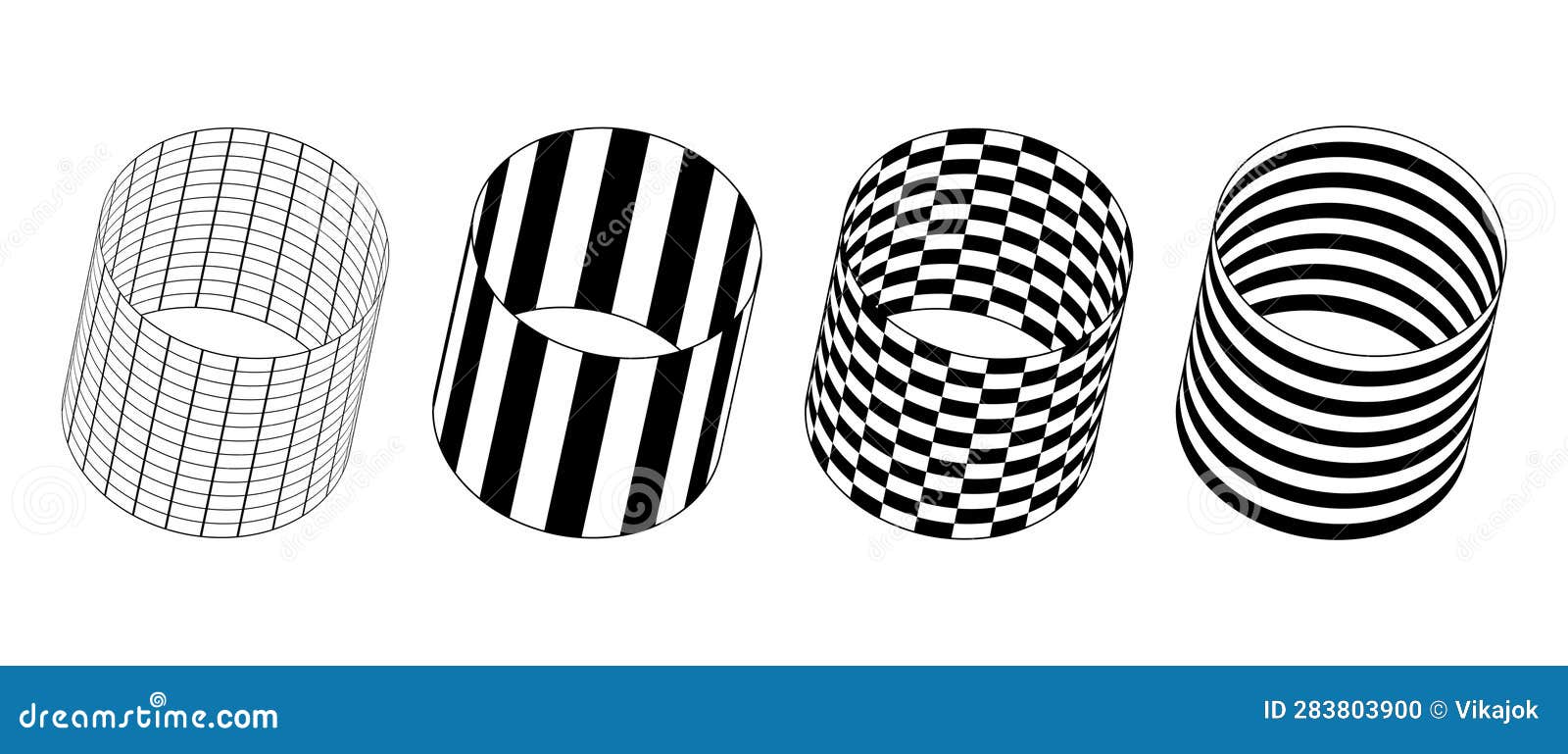 Collection of Cylinder with Different Patterns. Wireframe, Striped and ...