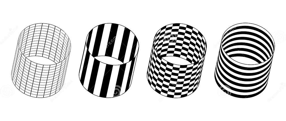 Collection of Cylinder with Different Patterns. Wireframe, Striped and Checkered 3d Tubes Set ...
