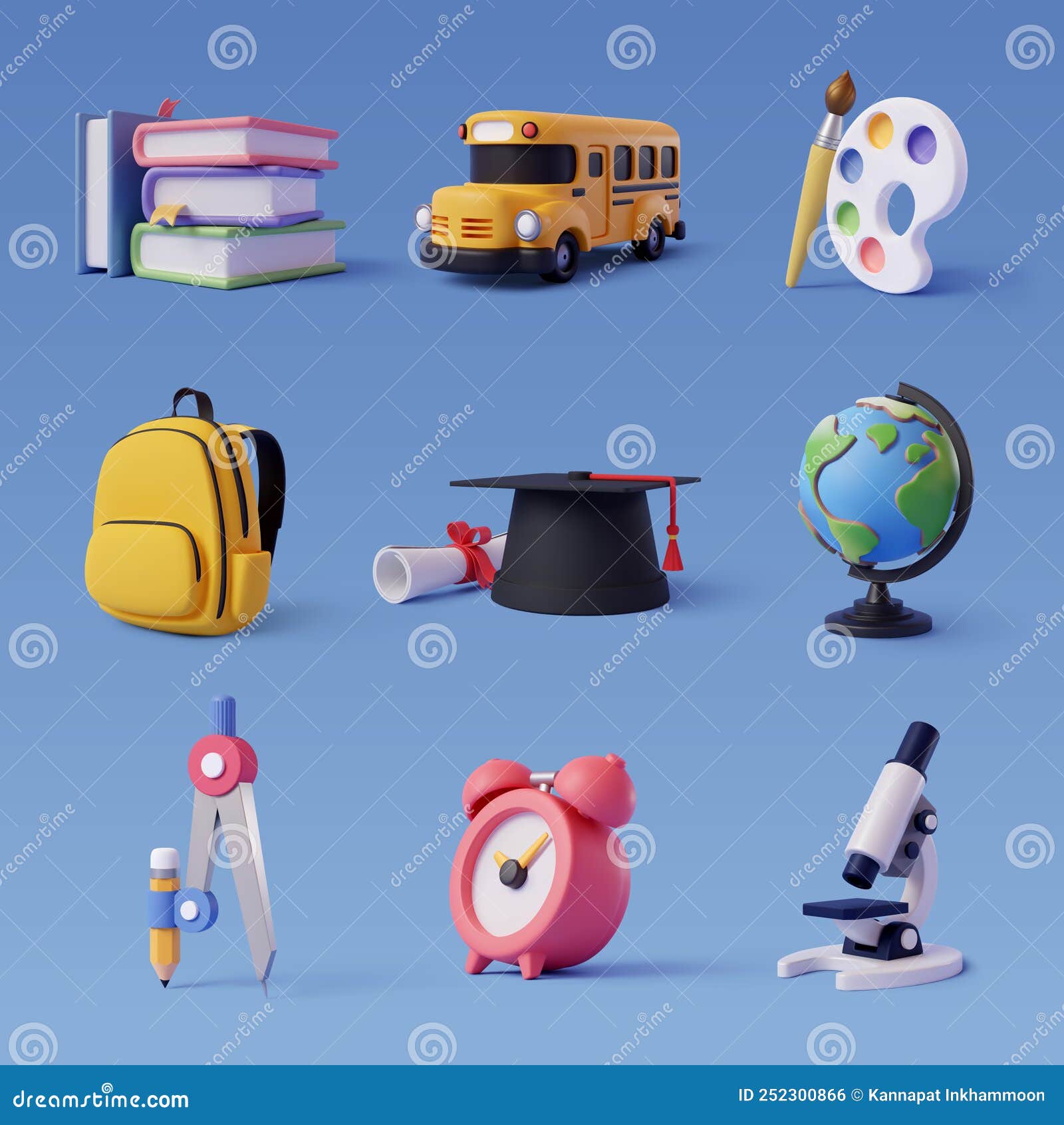 Collection of 3d Back To School Icon Isolated on Blue, Education and ...