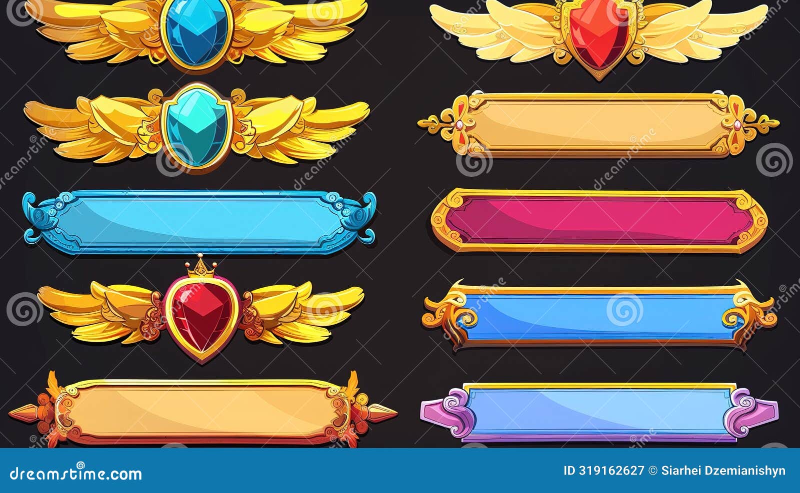 Collection of Decorative Banners with Gems and Wings, Ideal for Game ...