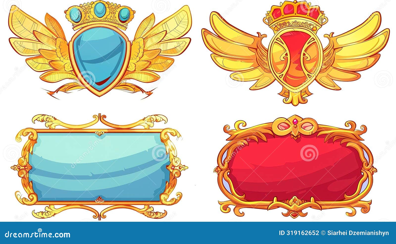 Collection of Decorative Banners with Gems and Wings, Ideal for Game ...
