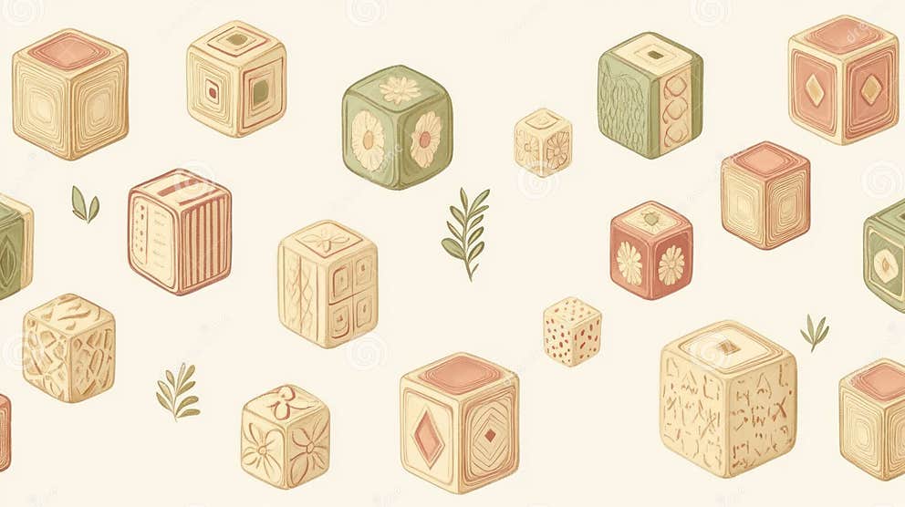 A Collection of Decorative Cubes with Various Patterns and Colors on a ...