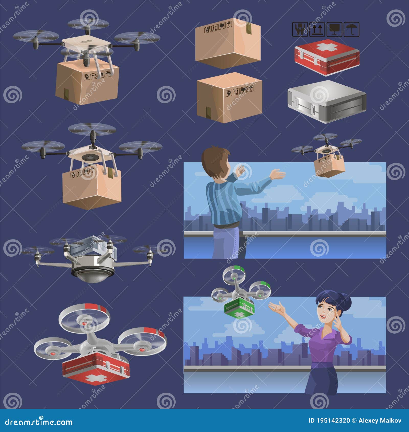 Collection of Delivery Drones with Boxes and Medical Kit. Set of Drones ...