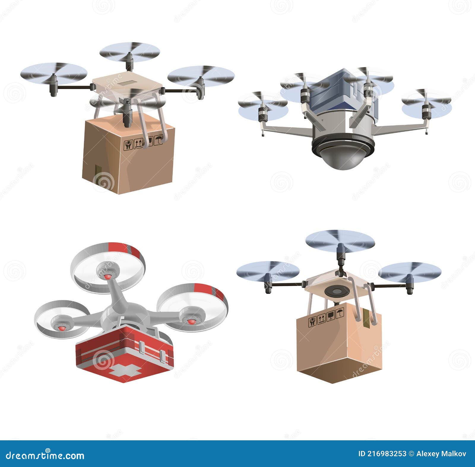 Collection of Delivery Drones with Boxes and Medical Kit. Set of Drones ...