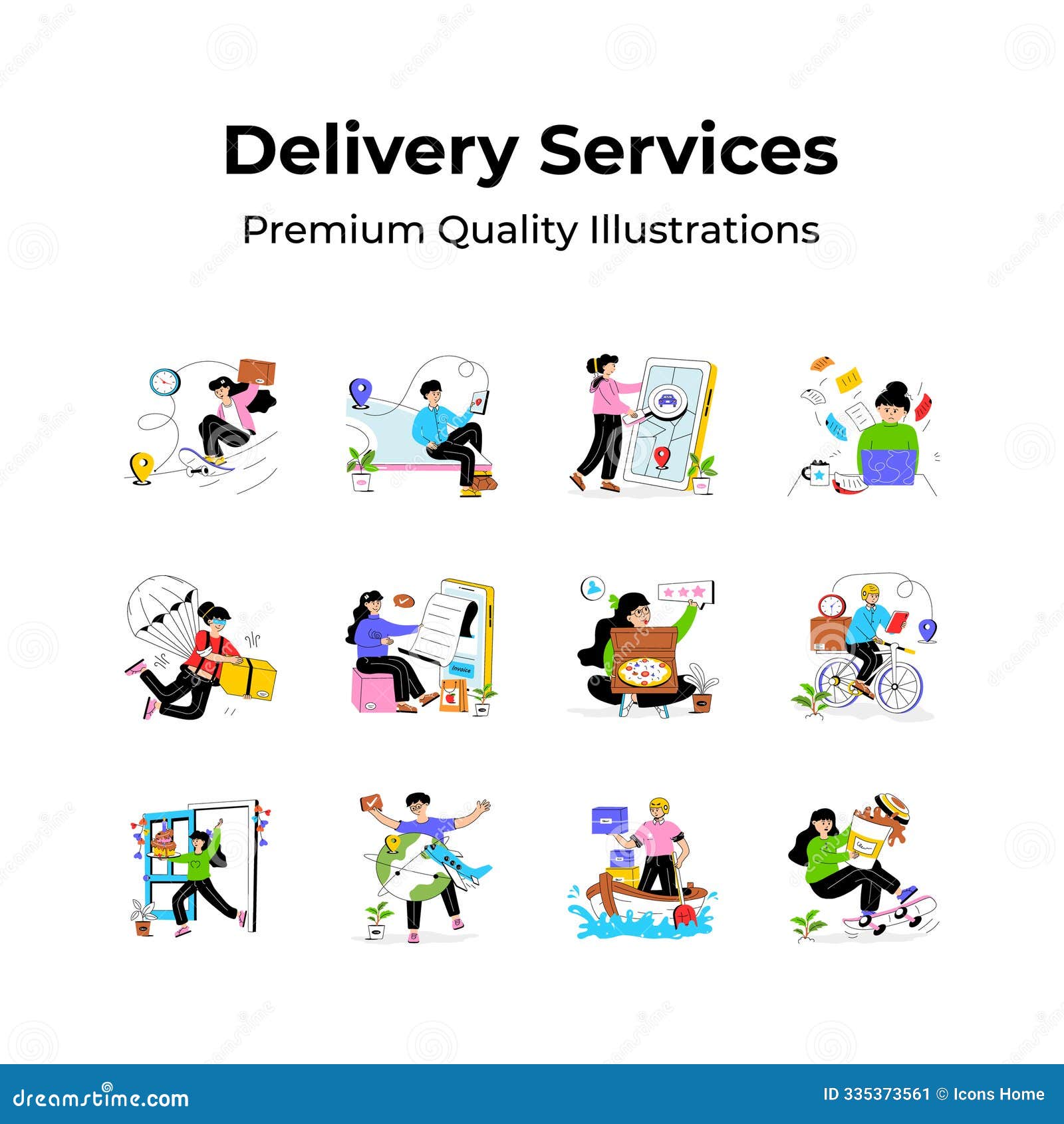 Collection of Delivery Services Character Illustration in Flat Style ...