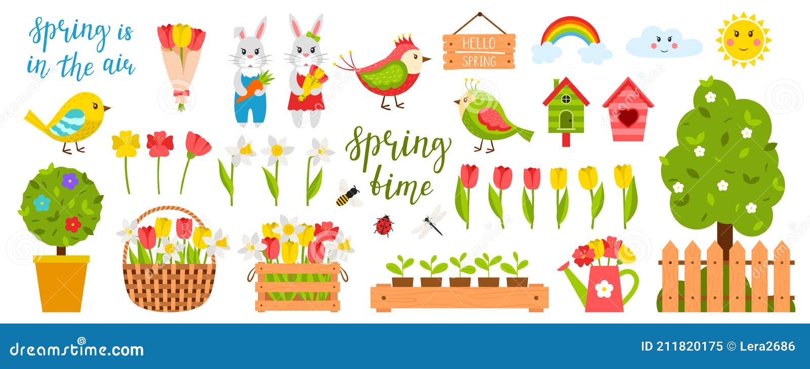 Collection of Design Elements on the Theme of Spring, Summer. Birds ...