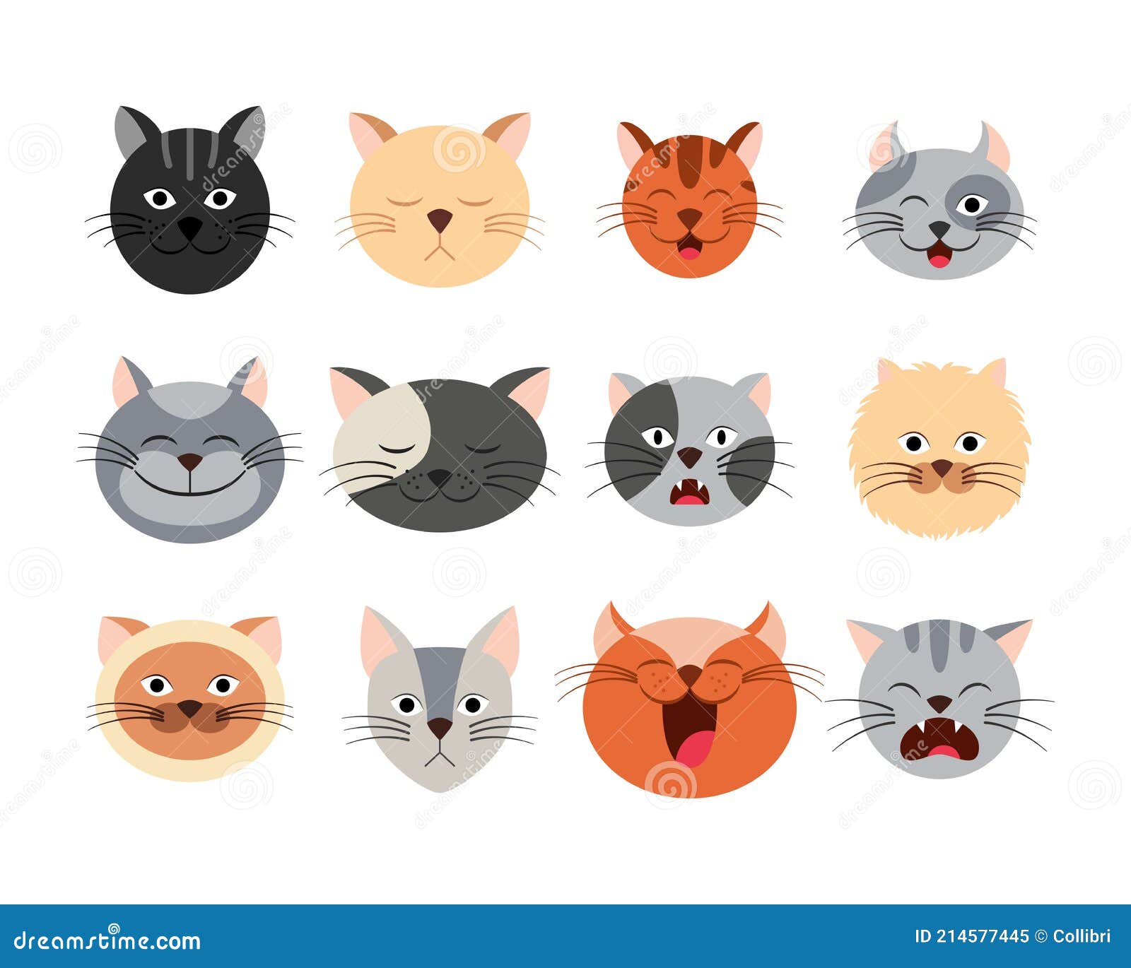 Collection Different Cartoon Cat Faces Funny Kitten Emotion Set Stock