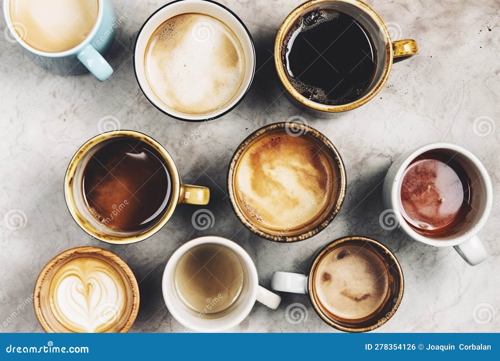 Collection of Different Cups of Creamy Coffee, Viewed from Above. Ai ...