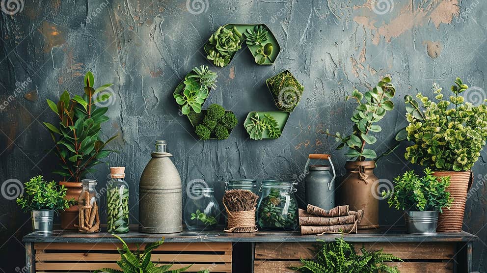 Collection of Different Green Plants in Different Pots. Ecological ...