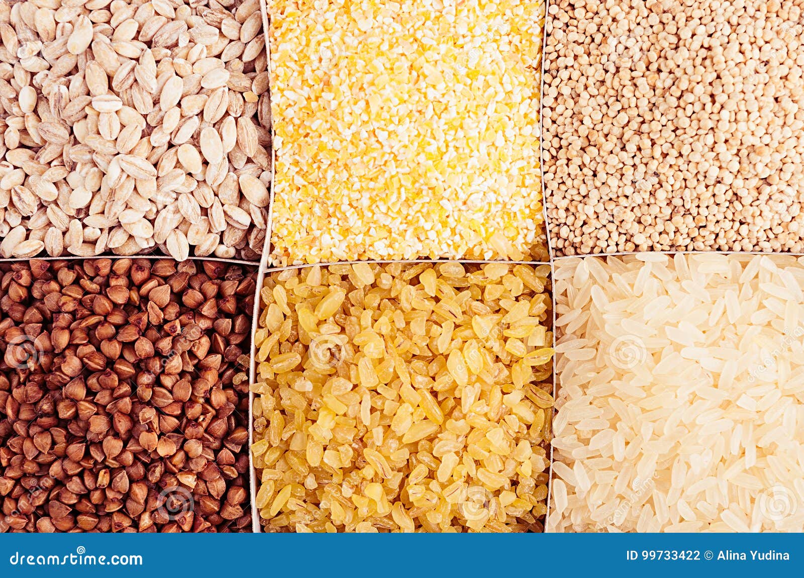 Collection Different Groats in Cells. Cereals Background. Top View ...