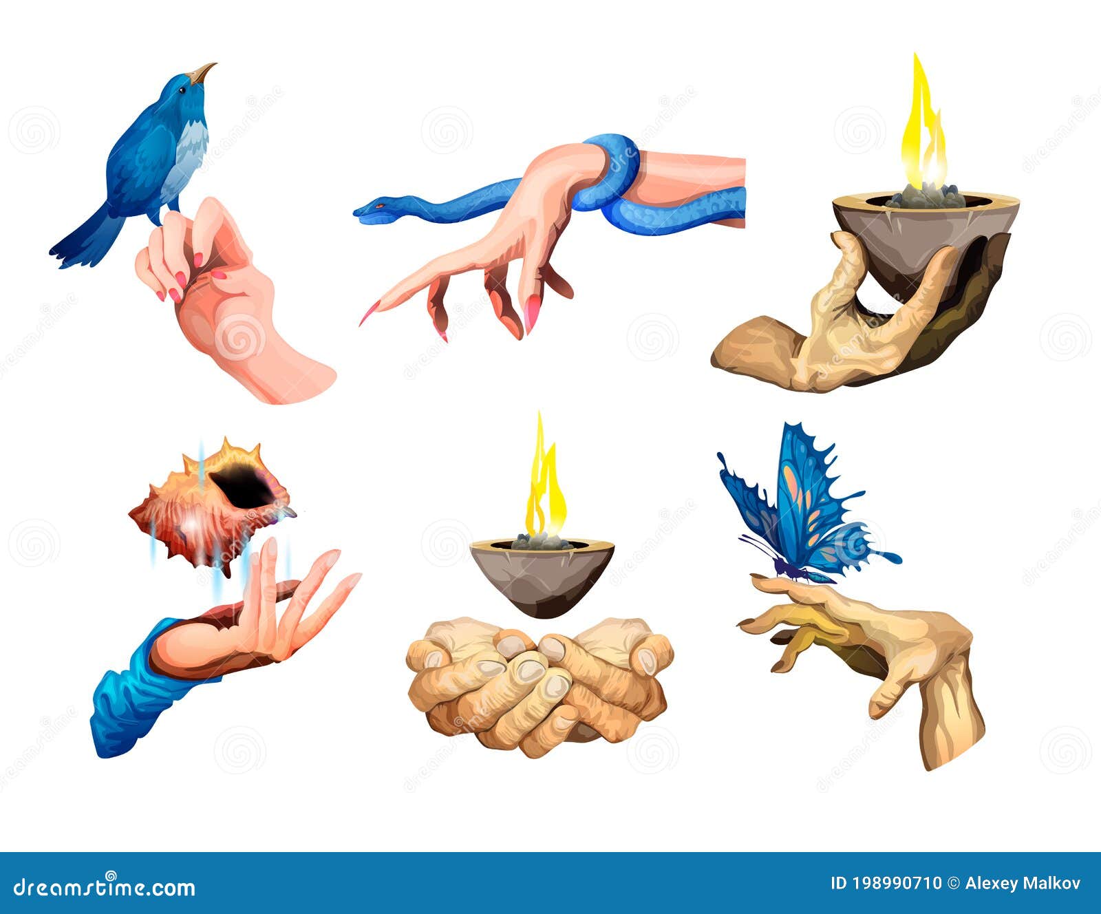 Tense Curved Arm With A Big Blue Butterfly Sitting On Finger. Cartoon ...