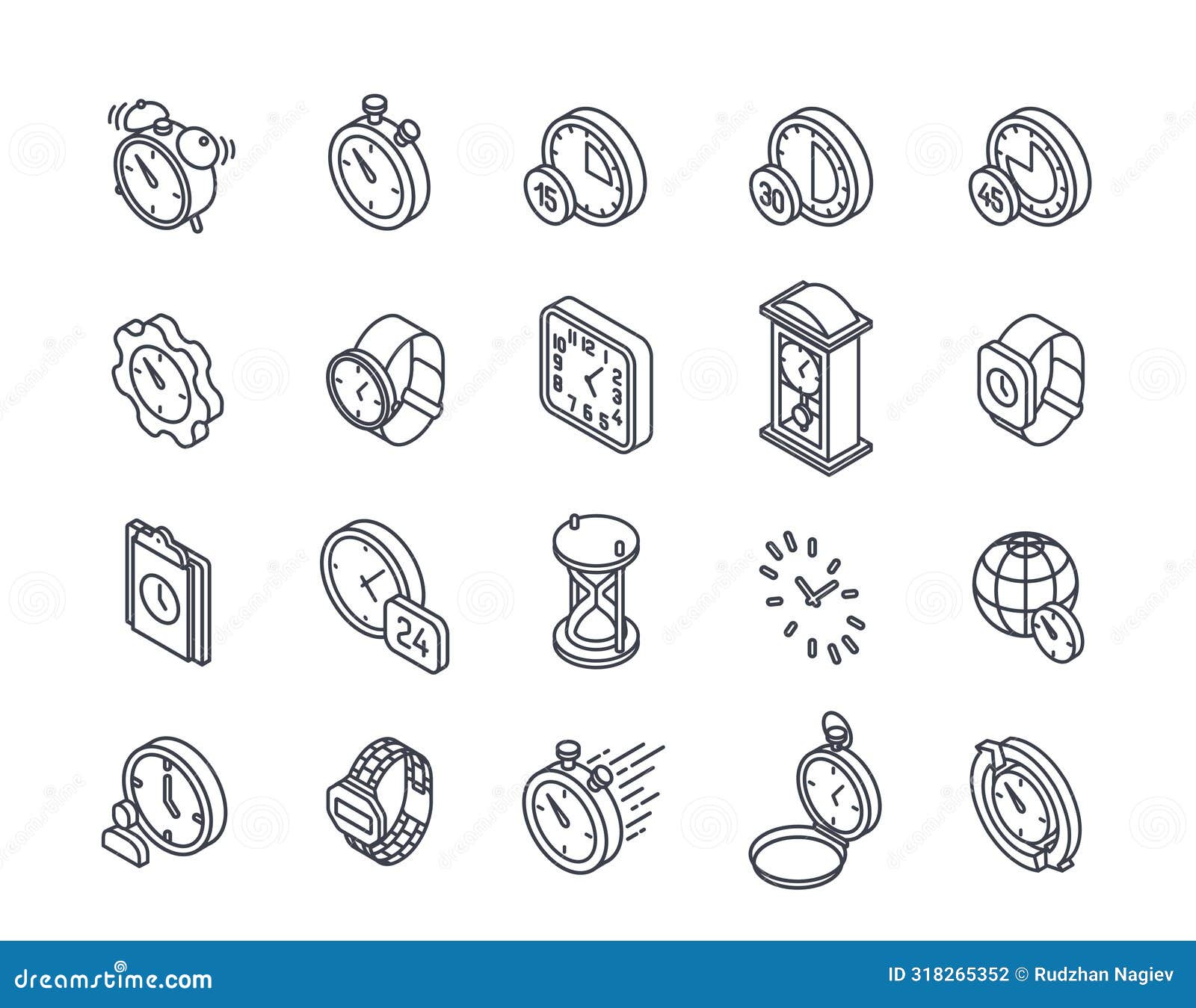 Collection of Isometric Clock Icons in Doodle Style, Displayed on a ...