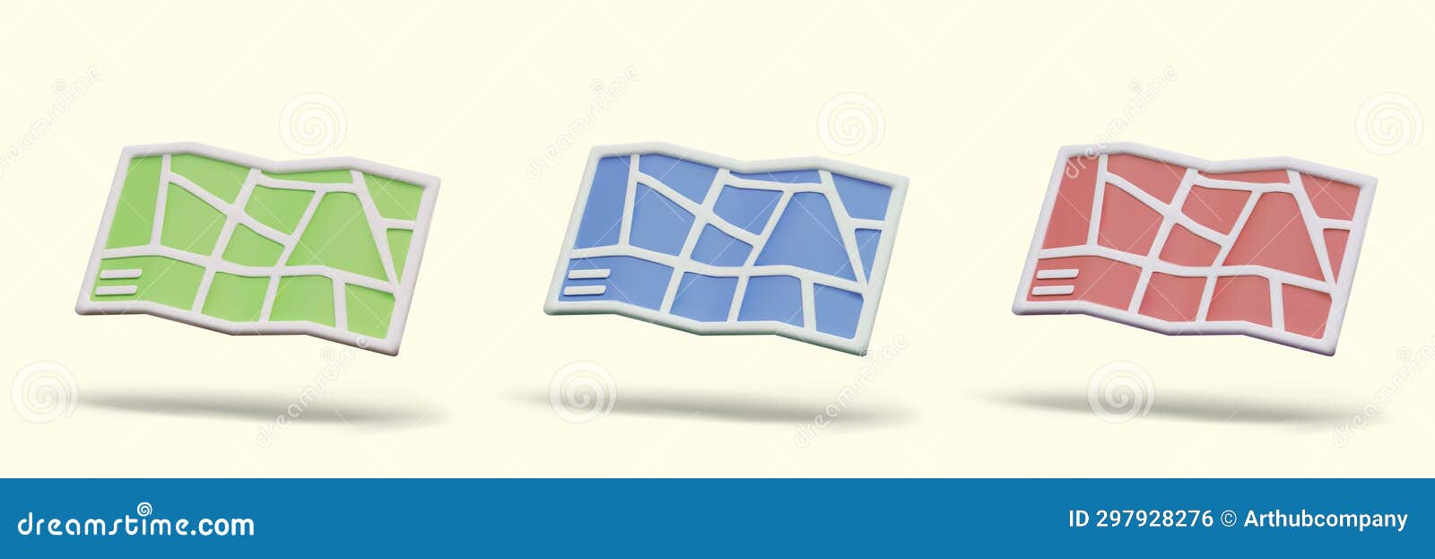 Collection of Different Maps in Green, Blue, and Red Colors with Shadow ...