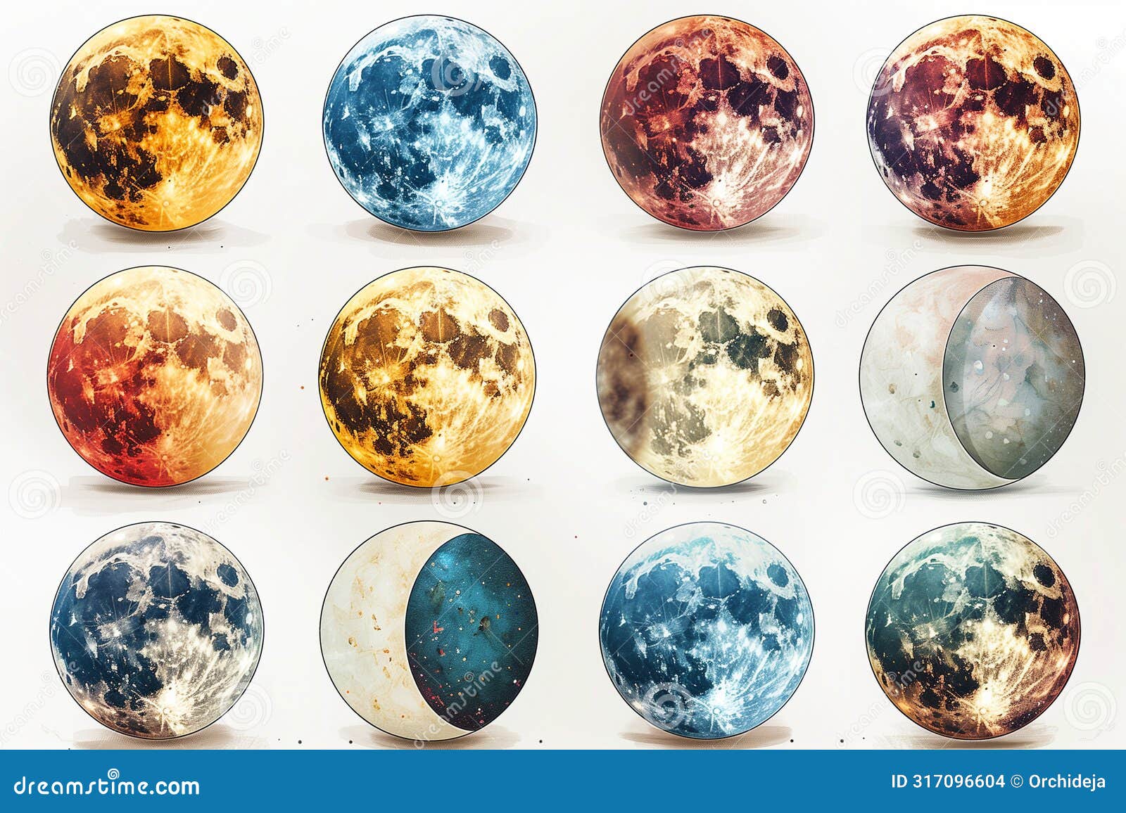 Collection of Different Moon Phases Each Displayed in a Unique Color ...