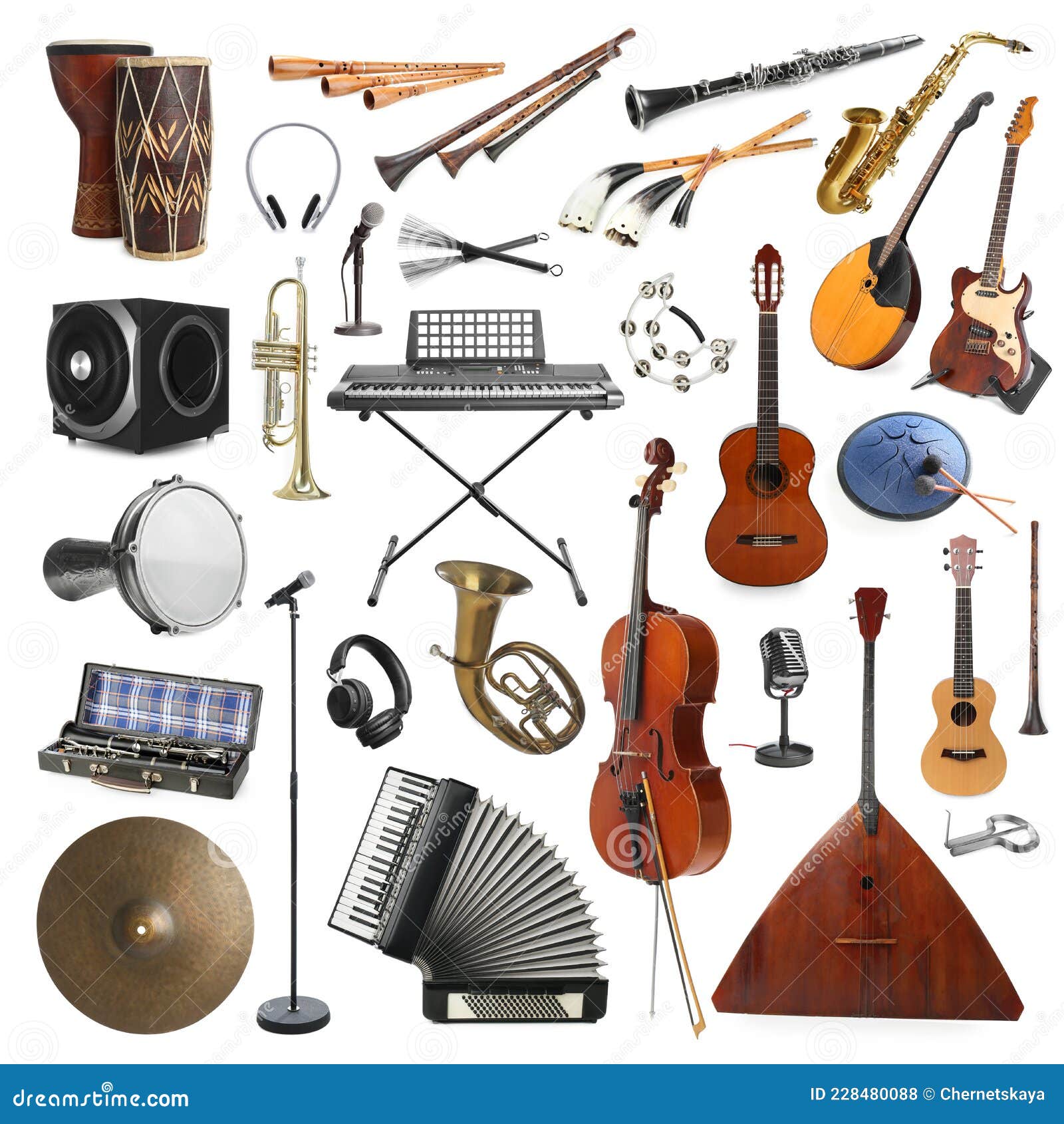 Collection of Different Musical Instruments on White Background Stock ...