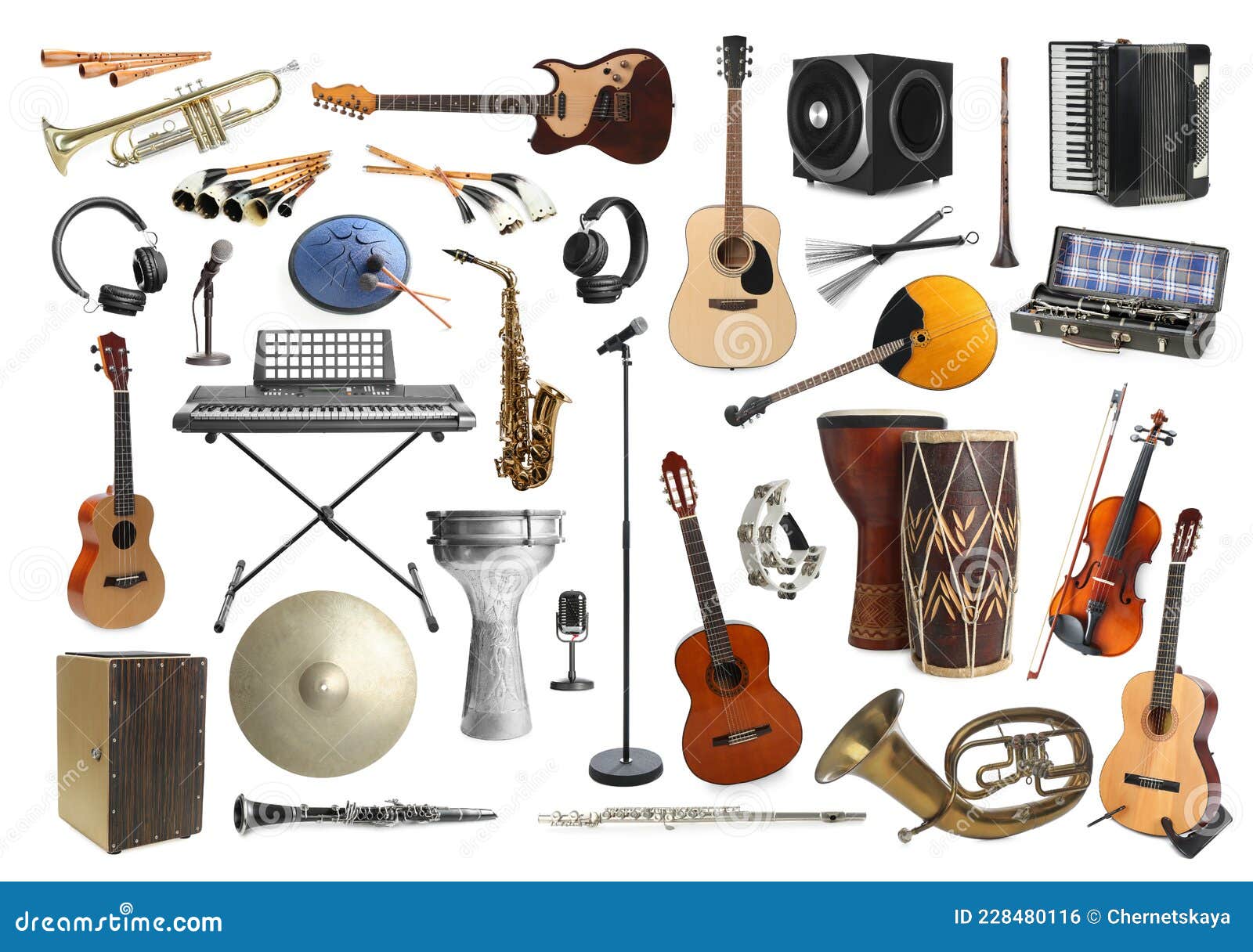 Collection of Different Musical Instruments on White Background Stock ...