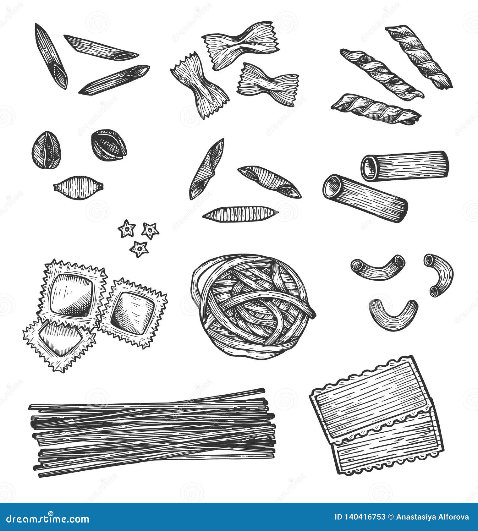 Collection of Different Sizes and Shapes of Macaroni Stock Vector ...