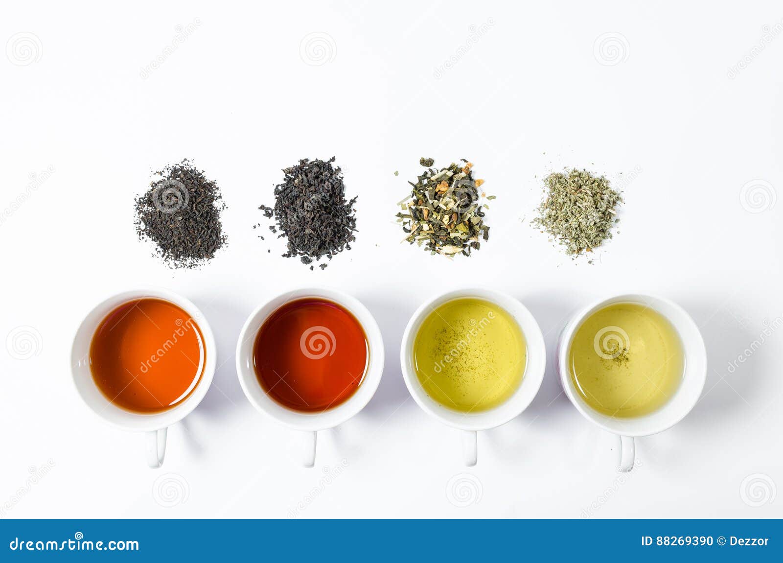 Collection of Different Teas in Cups with Tea Leaves on a White ...