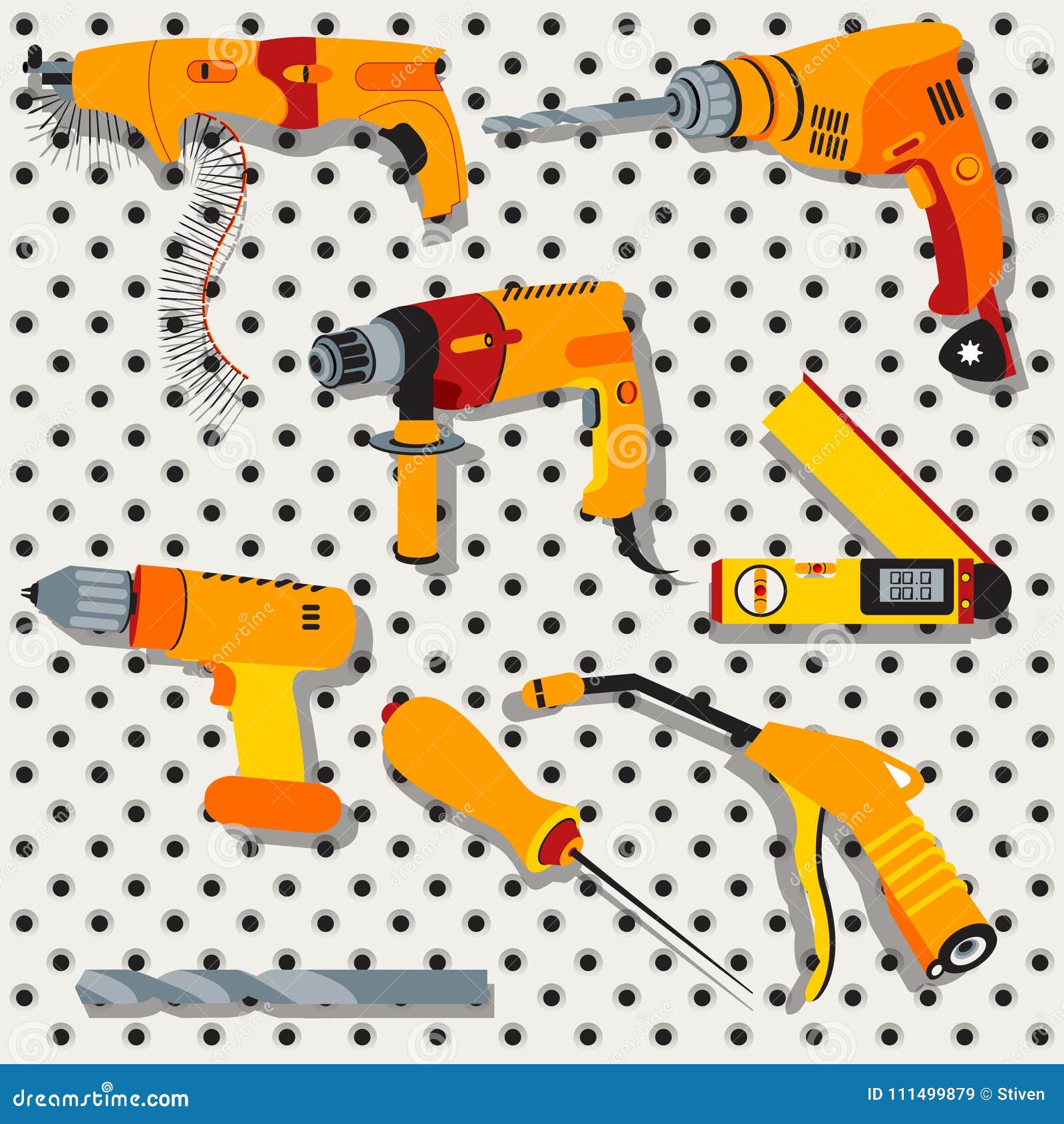 Collection of Different Tools Over Metal Background, 2 Stock Vector ...