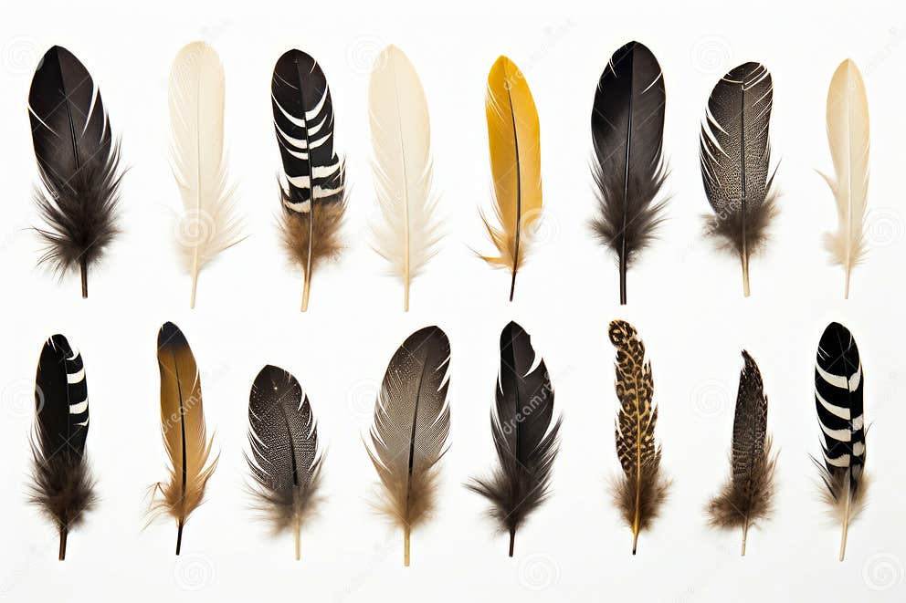 Collection of Different Types of Feathers on White Background ...