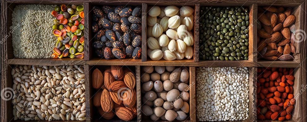 A Collection of Different Types of Seeds Displayed in a Wooden Box. the ...
