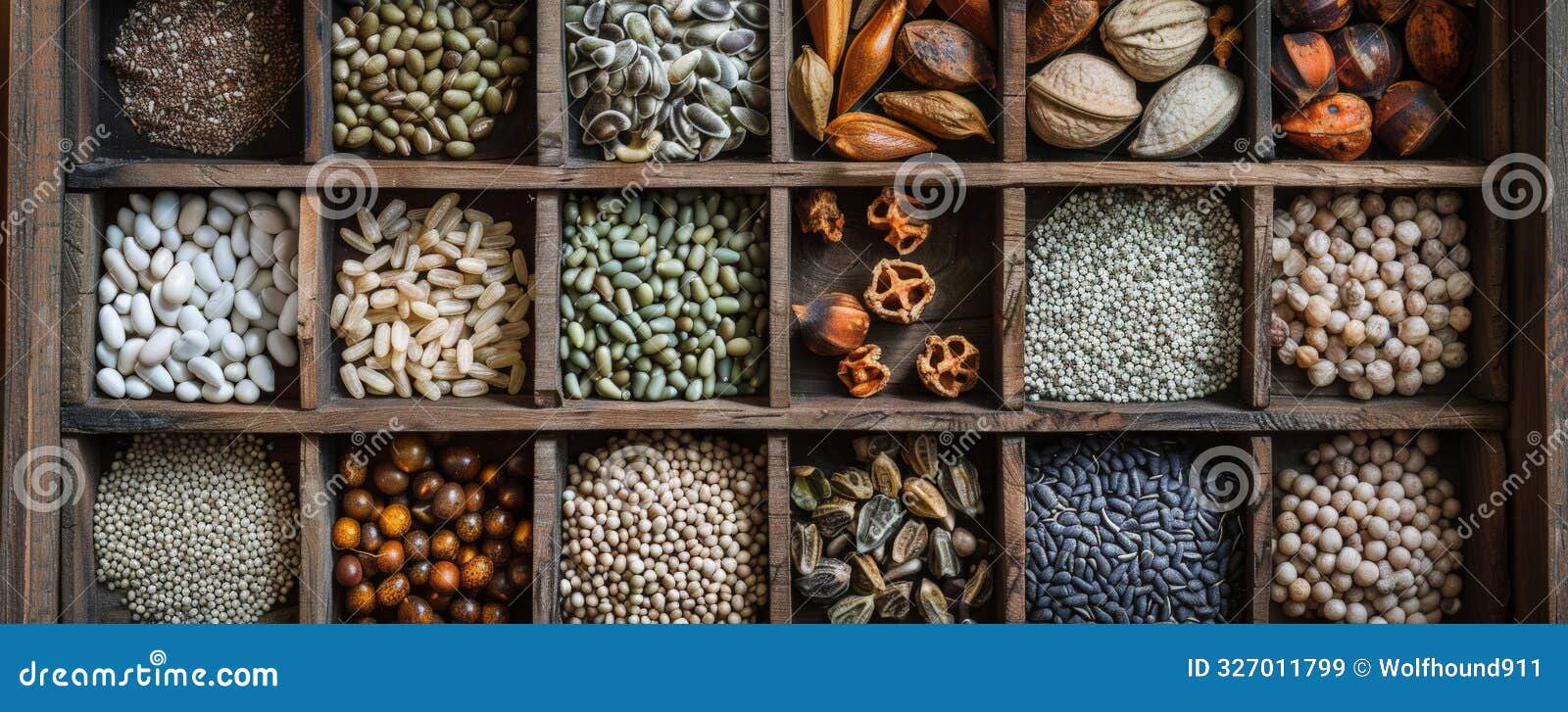 A Collection of Different Types of Seeds Displayed in a Wooden Box. the ...