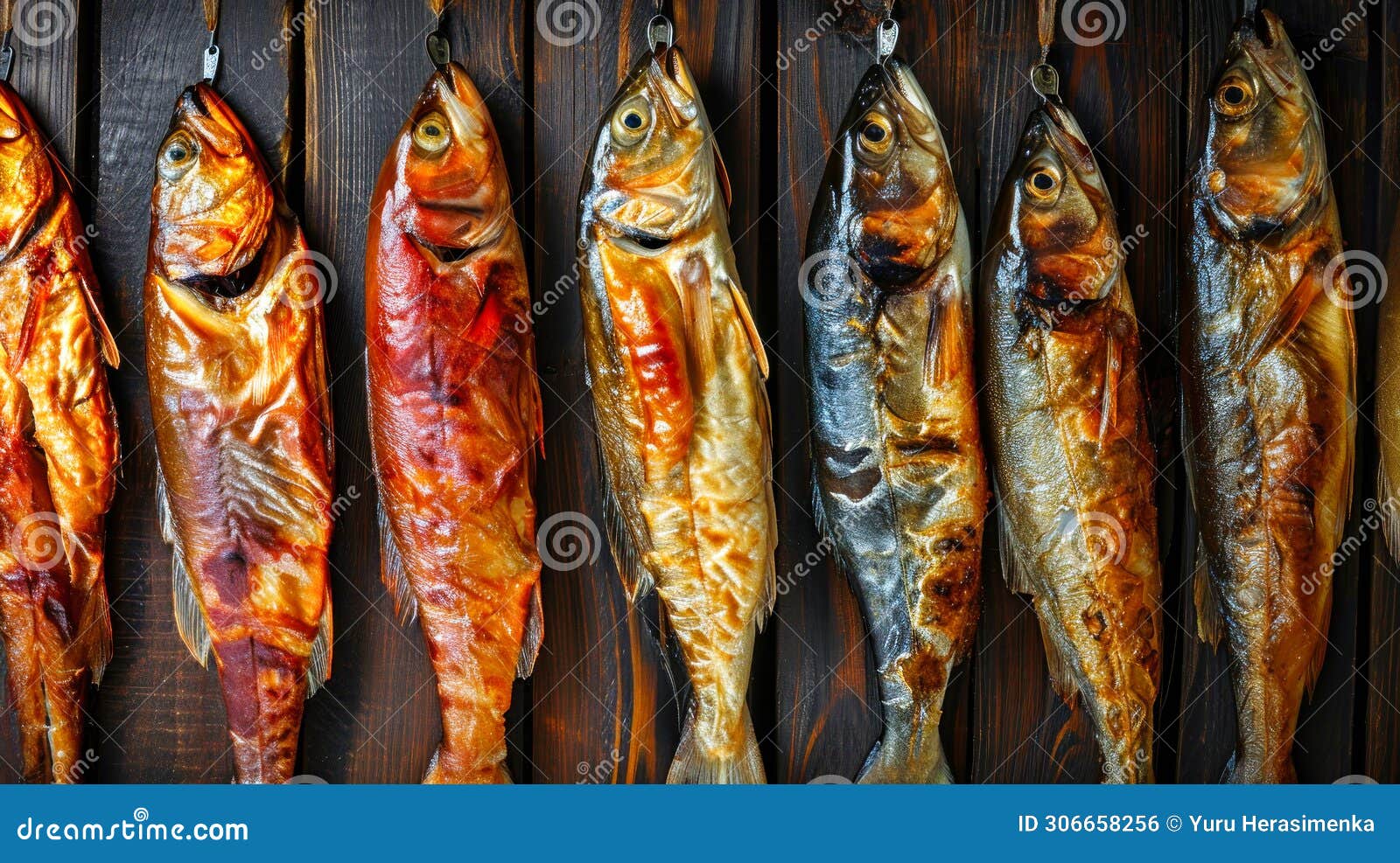 Assorted Smoked Fish Hanging on a Wall Stock Illustration ...